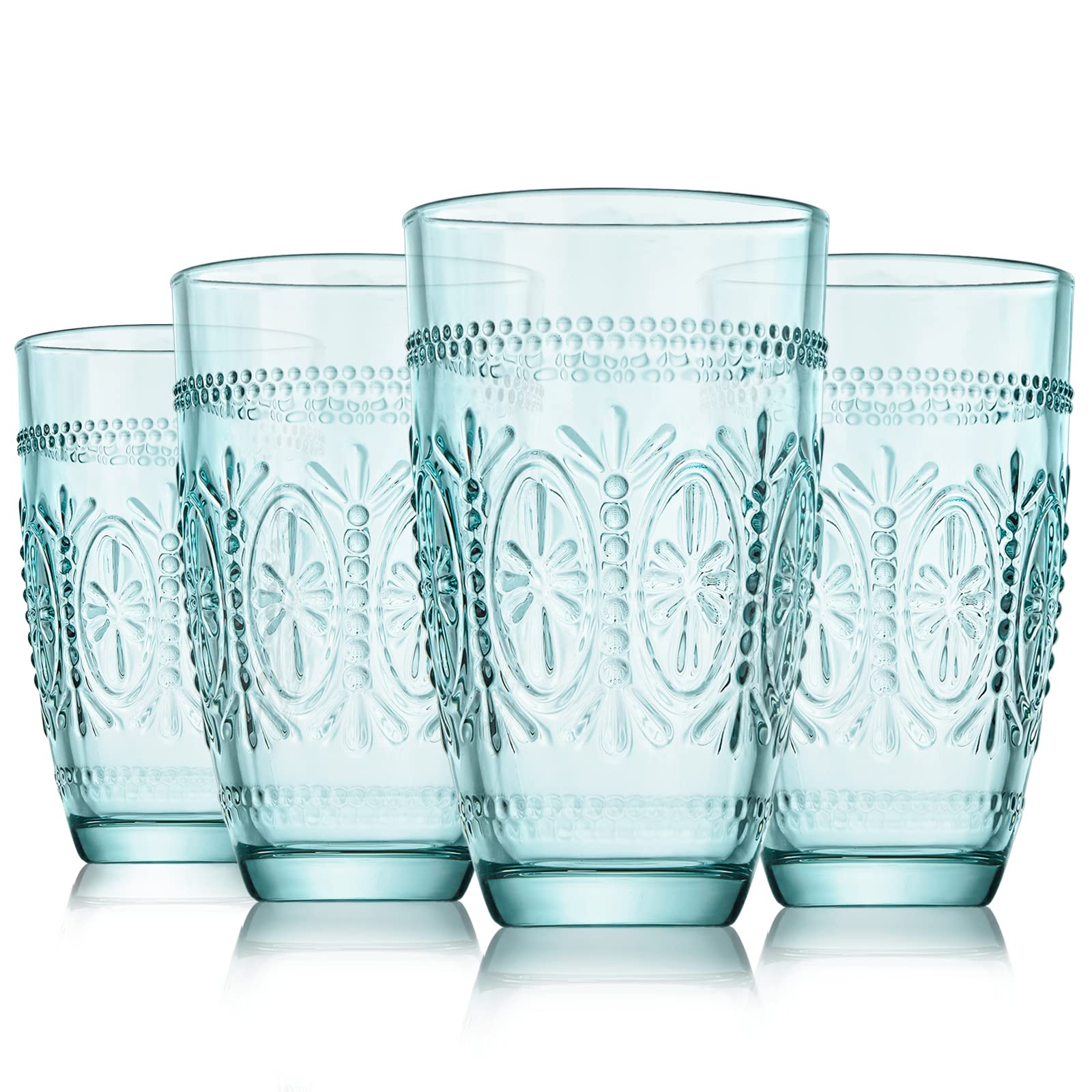 CREATIVELAND Colored Vintage Drinking Glasses Set of 4, 15.5 oz Romantic Embossed Water Glasses, Colored Tumblers Tempered Glass for Juice, Beverages, Beer, Cocktail (Blue)