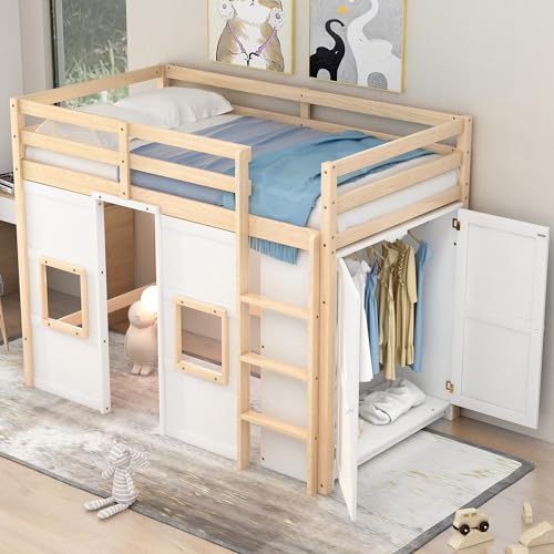 BOVZA Twin Size Loft Bed with Built-in Storage Wardrobe and 2 Windows, Wood Playhouse Loft Bed Frame with High Guard Rails for Kids Boys Girls Teens, Natural+White