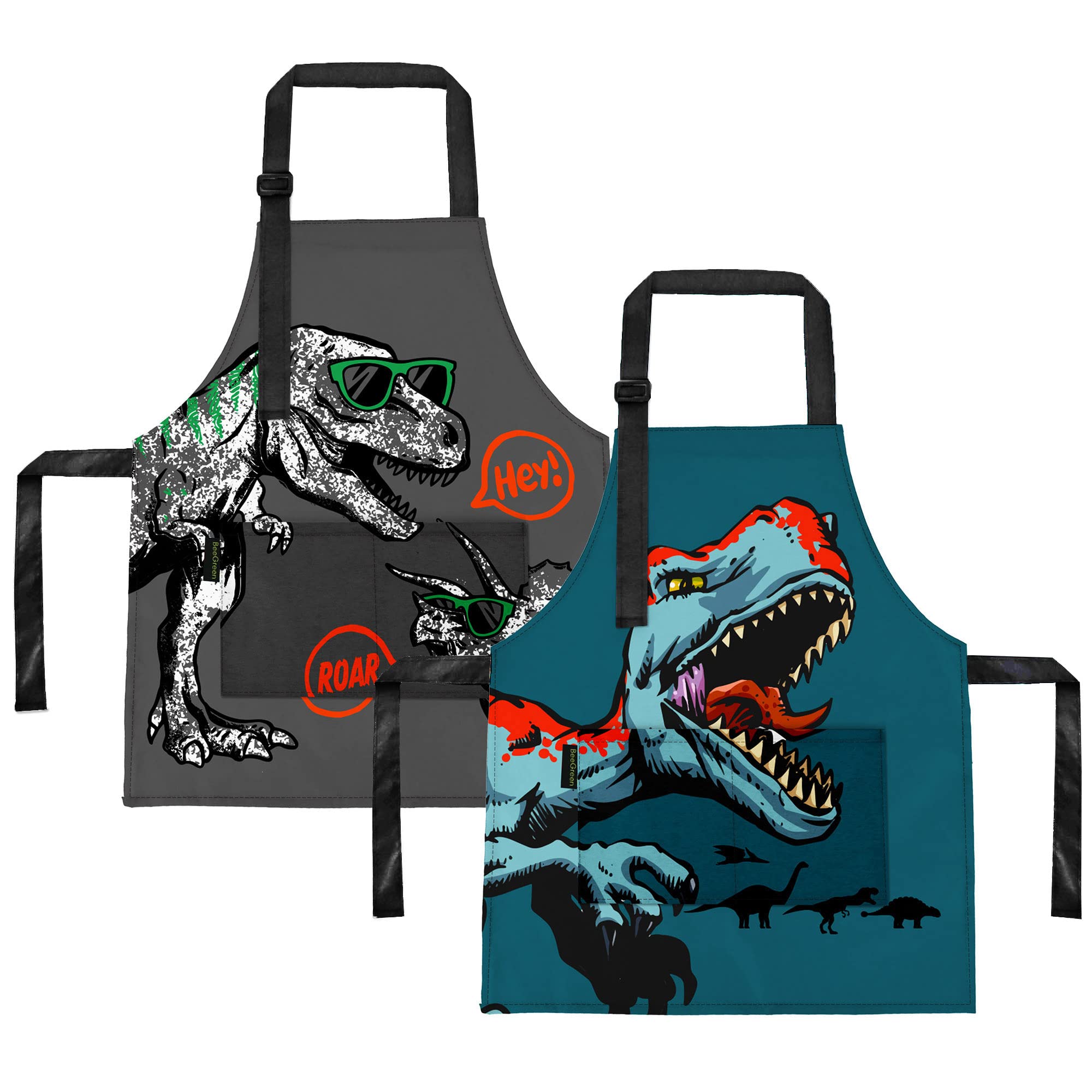 BeeGreen Kids Apron 2 Pack Cooking Aprons with Adjustable Strap Kids Kitchen Aprons with Front Pocket for Girls Toddler Painting Baking Artist Washable Foldable Lightweight (Dinosaurs+Space Planets)