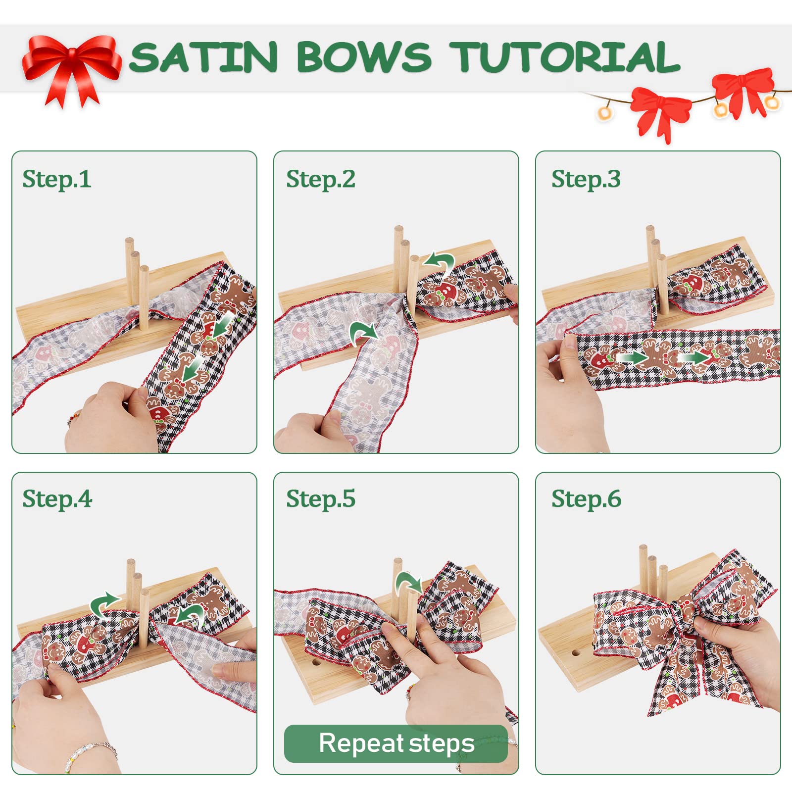 Creproly Bow Maker for Ribbon Wreaths, 2-in-1 Double Sided Wooden Hair Bow Making Tool for Crafts DIY Decoration for Christmas Halloween Holiday (New Style1)