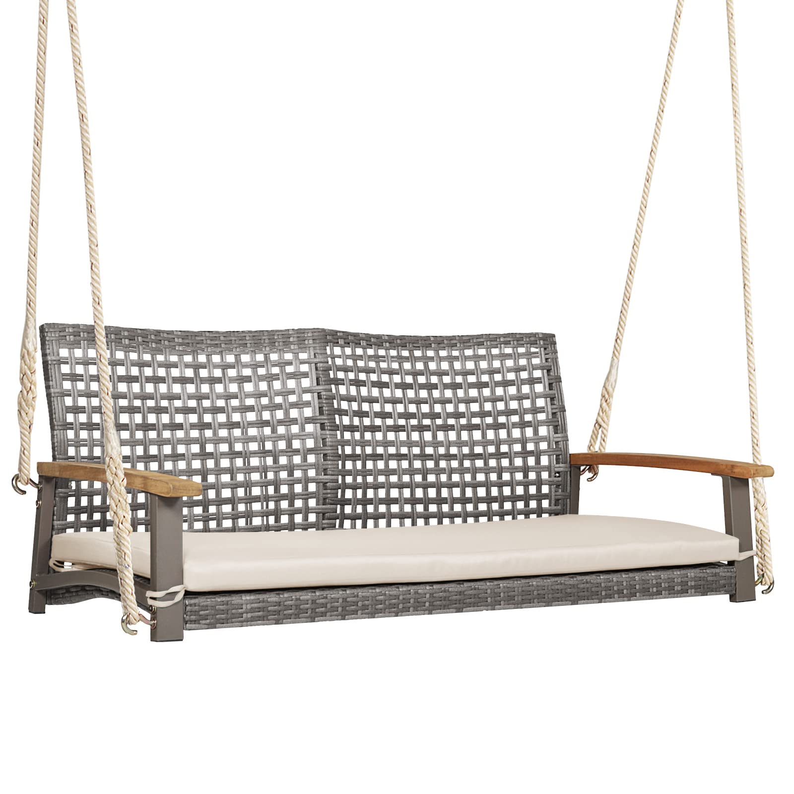 Happygrill 2-Person Patio Porch Swing Chair, Outdoor Rattan Swing Bench with Acacia Wood Armrests & Two 118â Hanging Ropes, Seat Cushion Included, Max 800 lbs White