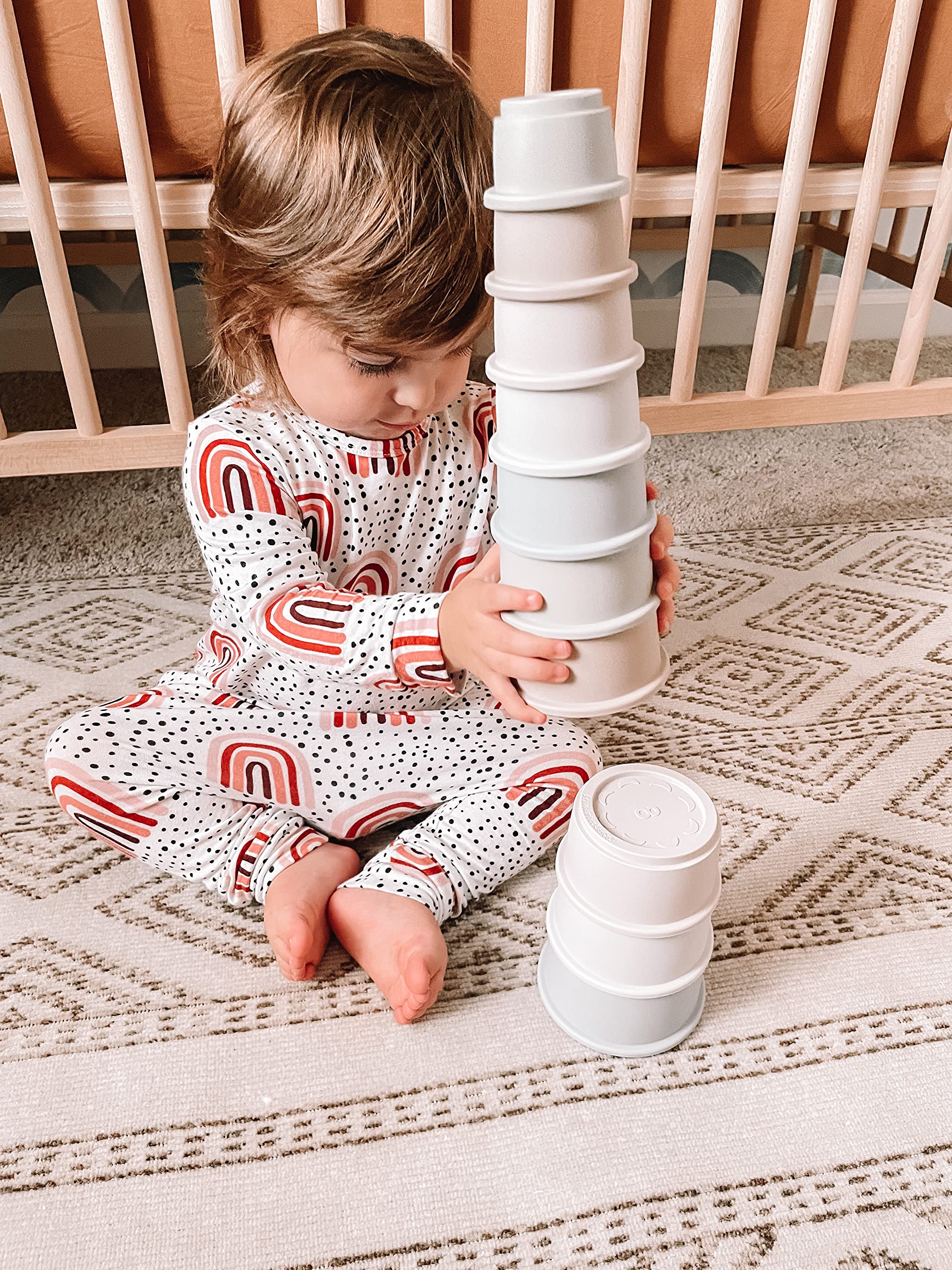 BraveJusticeKidsCo. Silicone Educational Stacking Cups (10 Pieces) | Baby Sorting and Counting | Bath Toys | Early Motor Development | Best Montessori Toy Gift for 6 Month+ Boys & Girls