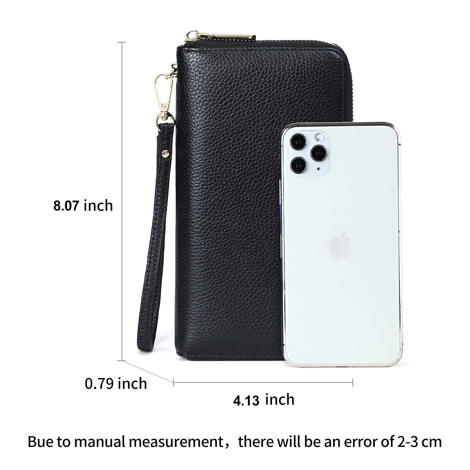 Seammer Women's RFID Blocking Leather Zip Around Wallet Clutch Large Phone Holder Wristlet Travel Purse (Black)