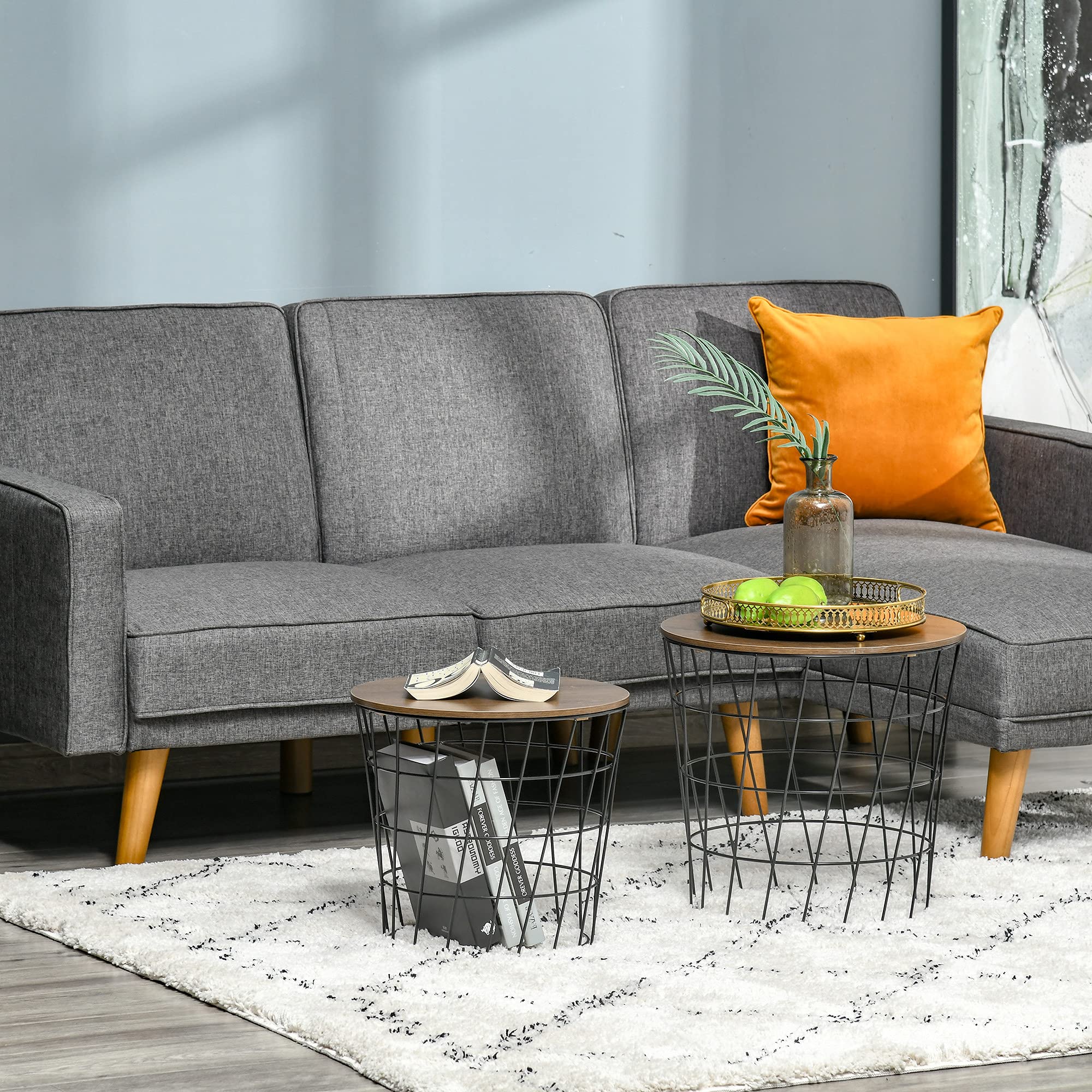 HOMCOM End Tables Set of 2, Nesting Tables with Storage, Round Accent Side Tables with Removable Top for Living Room, Black/Brown
