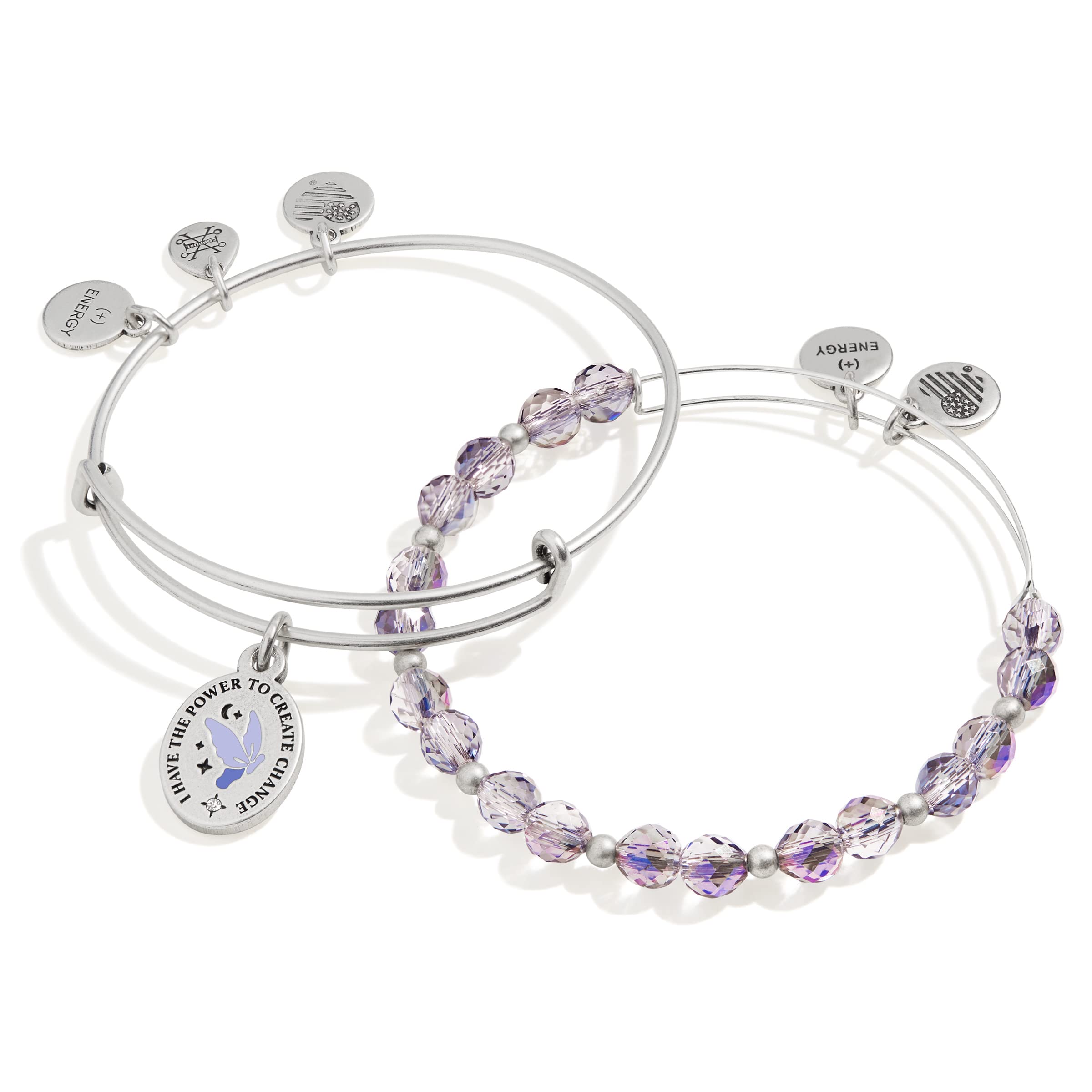Alex and Ani Connections Expandable Bangle for Women, I Have The Power To Create Change Charm, Set of 2, Rafaelian Silver Finish, 2 to 3.5 in
