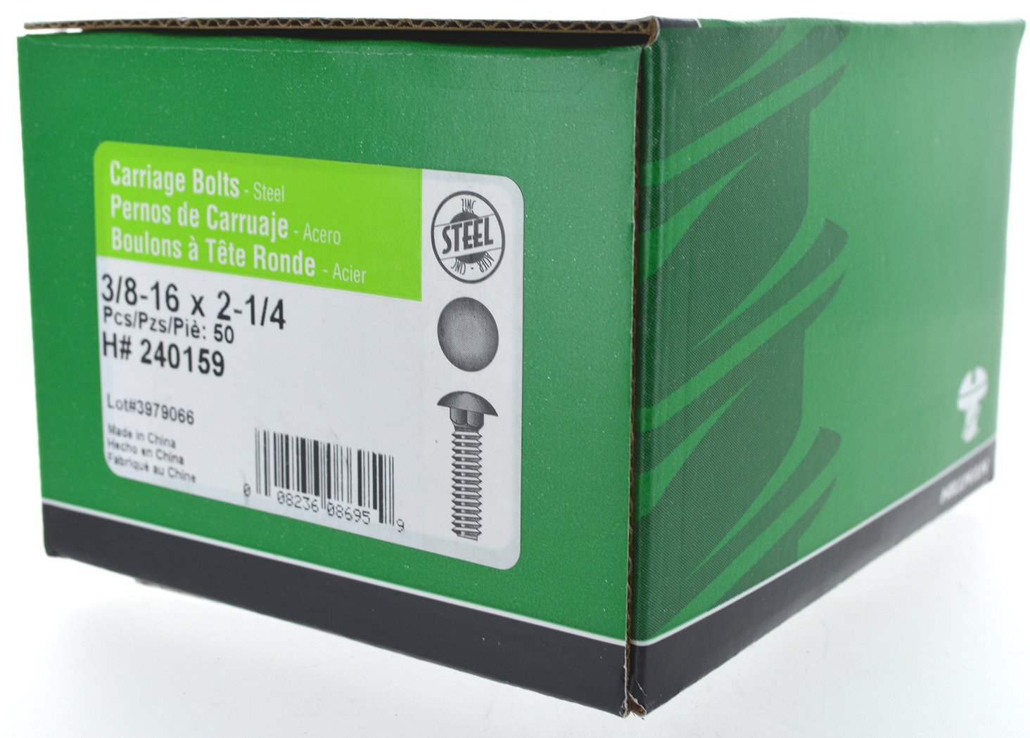 Hillman 240159 Carriage Bolt, 3/8 x 2-1/4-Inch, Steel, Zinc-Plated, Silver, 50-Pack
