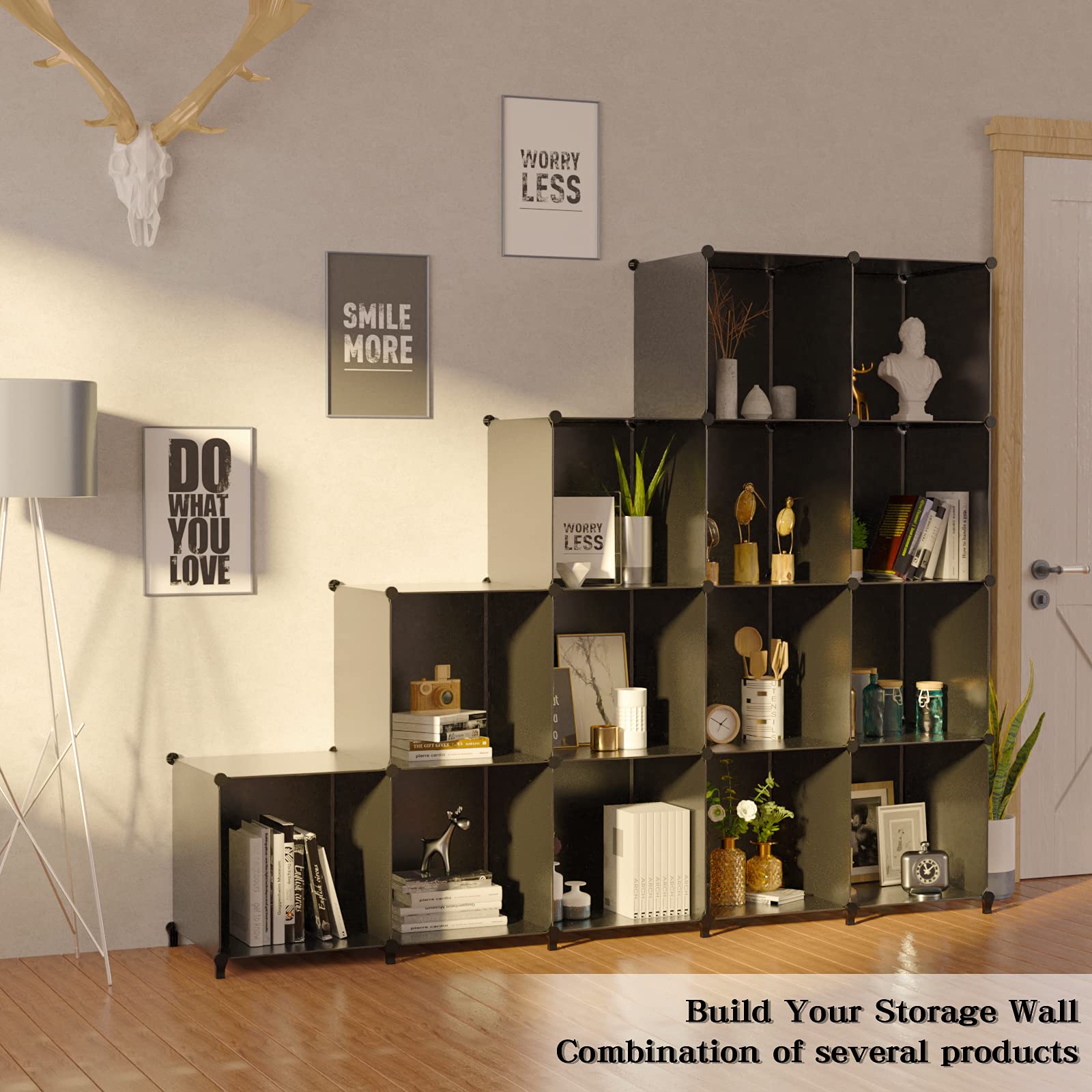 Homywish Cube Storage Organizer 9 Cube Closet Storage Shelves with Wooden Hammer DIY Closet Cabinet Room Storage Bookshelf Plastic Square Organizer Shelving for Home, Office, Bedroom,Black…