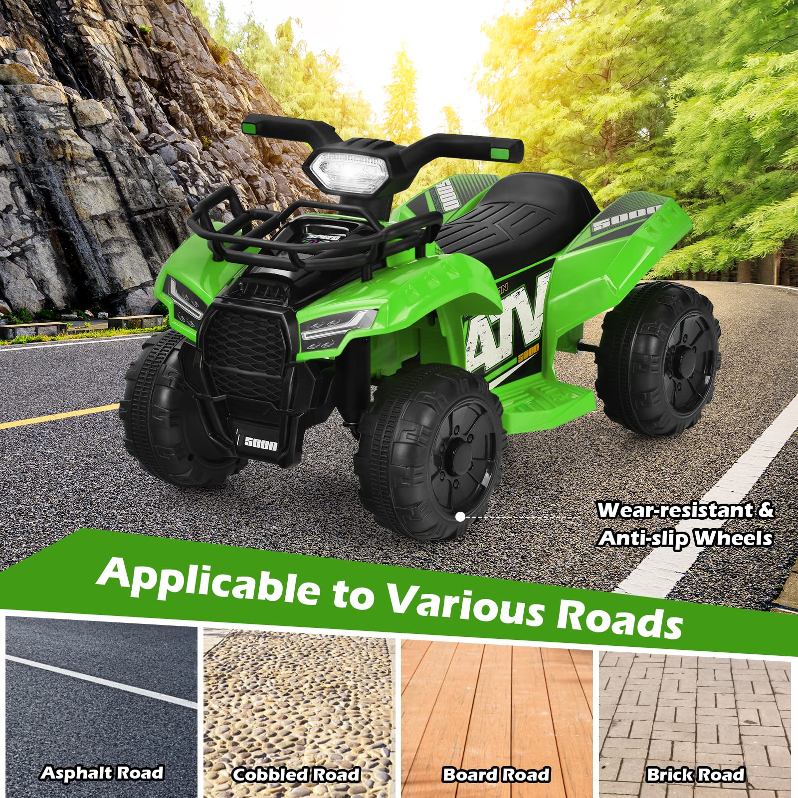 HONEY JOY Kids ATV, 4 Wheeler Battery Powered Toddler Quad with Front Storage Basket, Horn, Music, LED Lights, Footrest, Electric Car for Kids, 6V Ride On Toys for Boys Girls(Green)