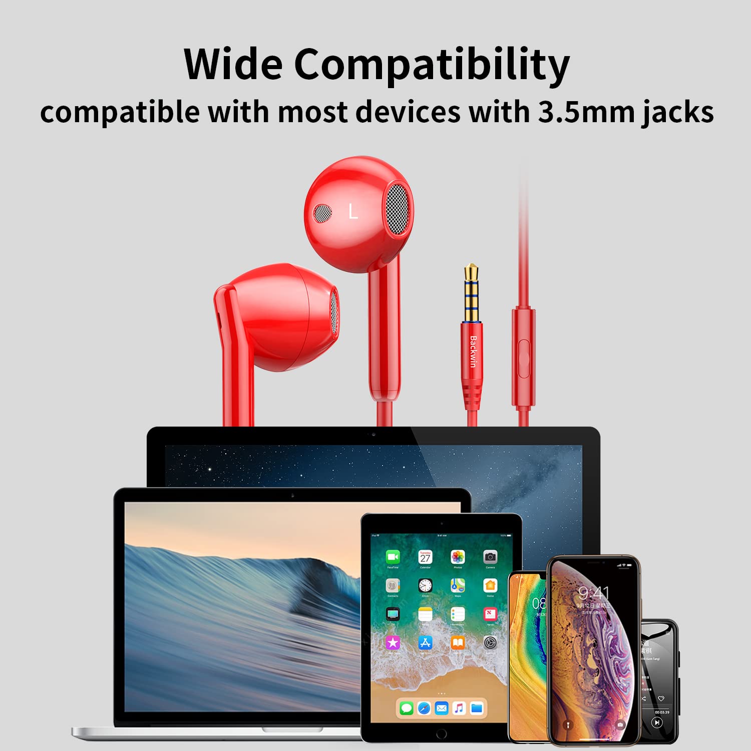 BACKWIN Wired Earbuds, Headphones with Mic, Bass Driven Sound, Anti-Tangle Noise Cancelling Clear Calls 0 Latency IP67 Dust/Water Resistance 3.5mm Jack Fit for iphone/iPad/Android/PC(Red)