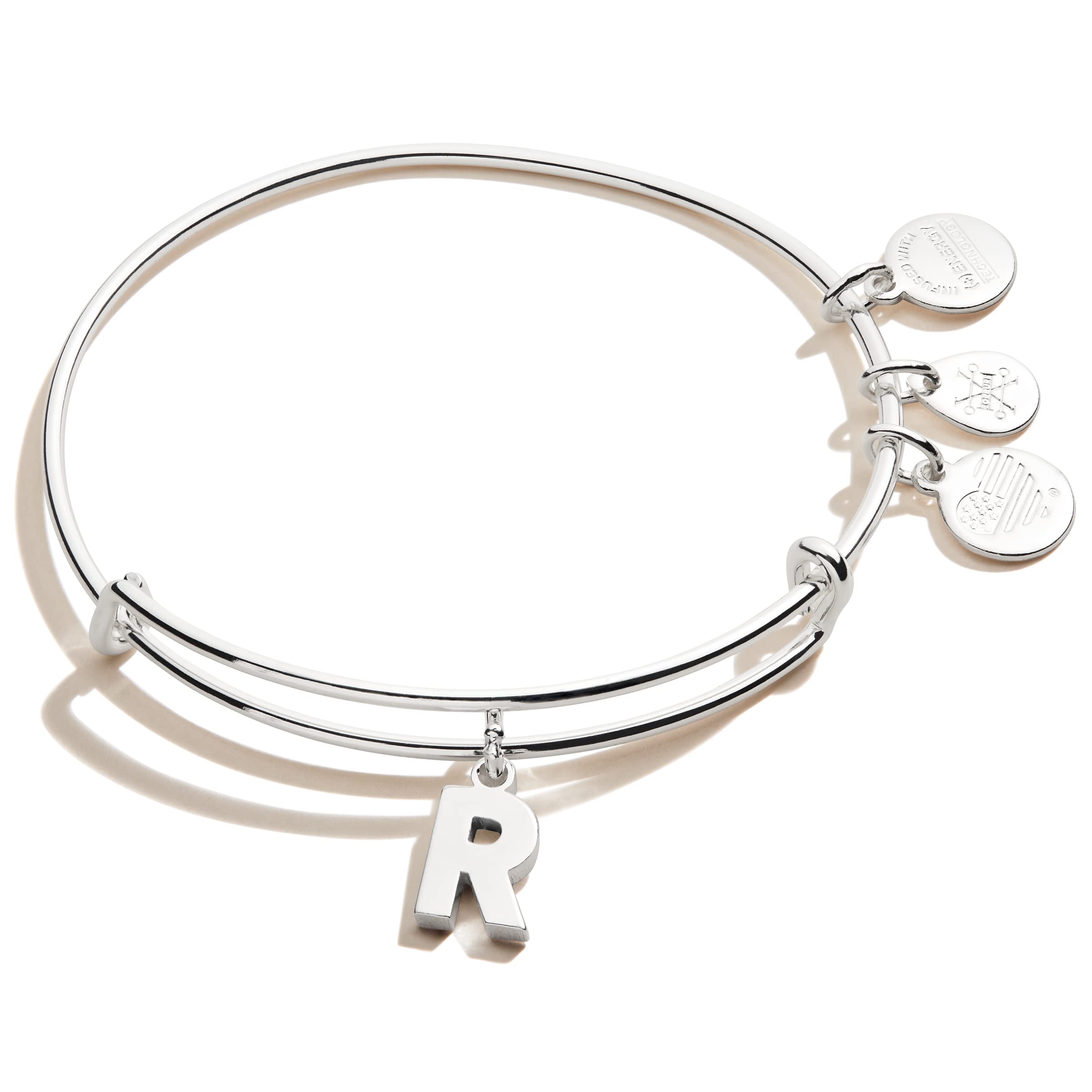 Alex and Ani Expandable Bangle for Women, Initial R Letter Charm, Shiny Silver Finish, 2 to 3.5 in