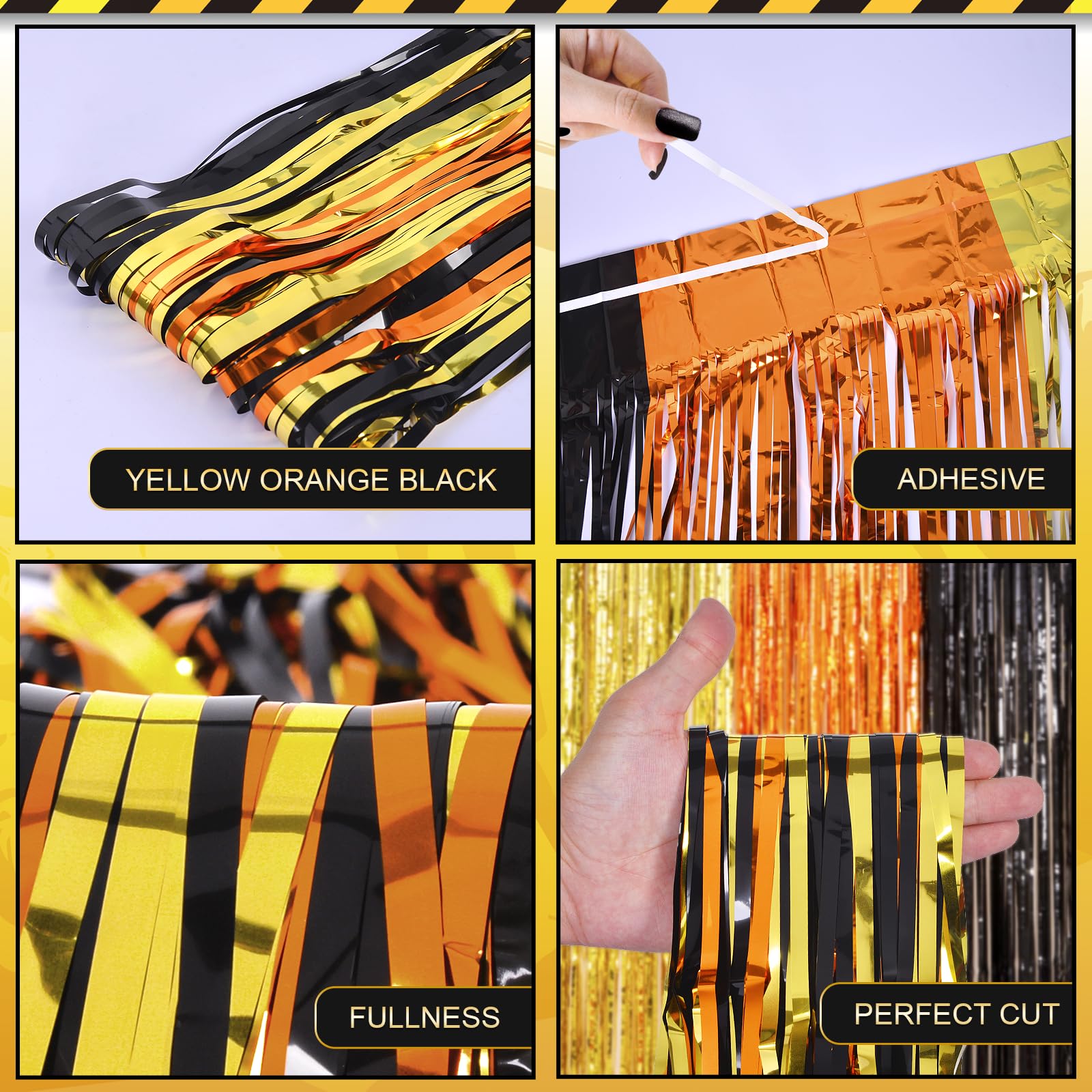 LOLStar 2 Pack Construction Foil Fringe Curtains, Construction Birthday Party Supplies, 3.3x6.6 ft Yellow Orange and Black Tinsel Photo Booth Prop, Streamer Backdrop for Construction Party Decoration