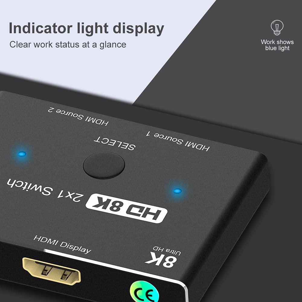 New 8K Switcher HEZOOMS HDMI 2.1 Switch Splitter 2 in1 Out Ultra HD 8K@60Hz 4K@120Hz High Speed 48Gbps Switch Adapter with Switch Button for Computer Laptop 2 Sources to 1 Display