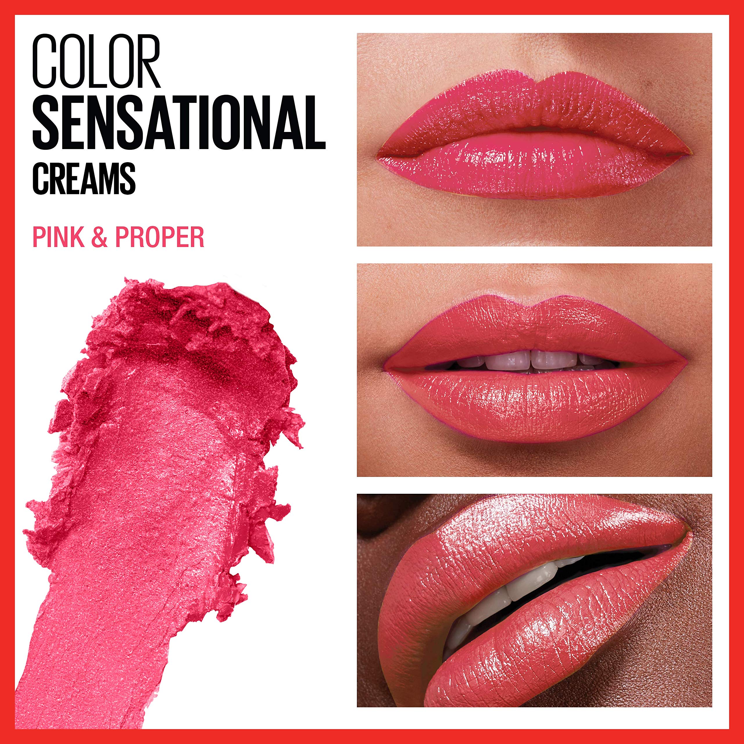 Maybelline Color Sensational Lipstick, Lip Makeup, Cream Finish, Hydrating Lipstick, Pink & Proper, Coral Pink ,1 Count