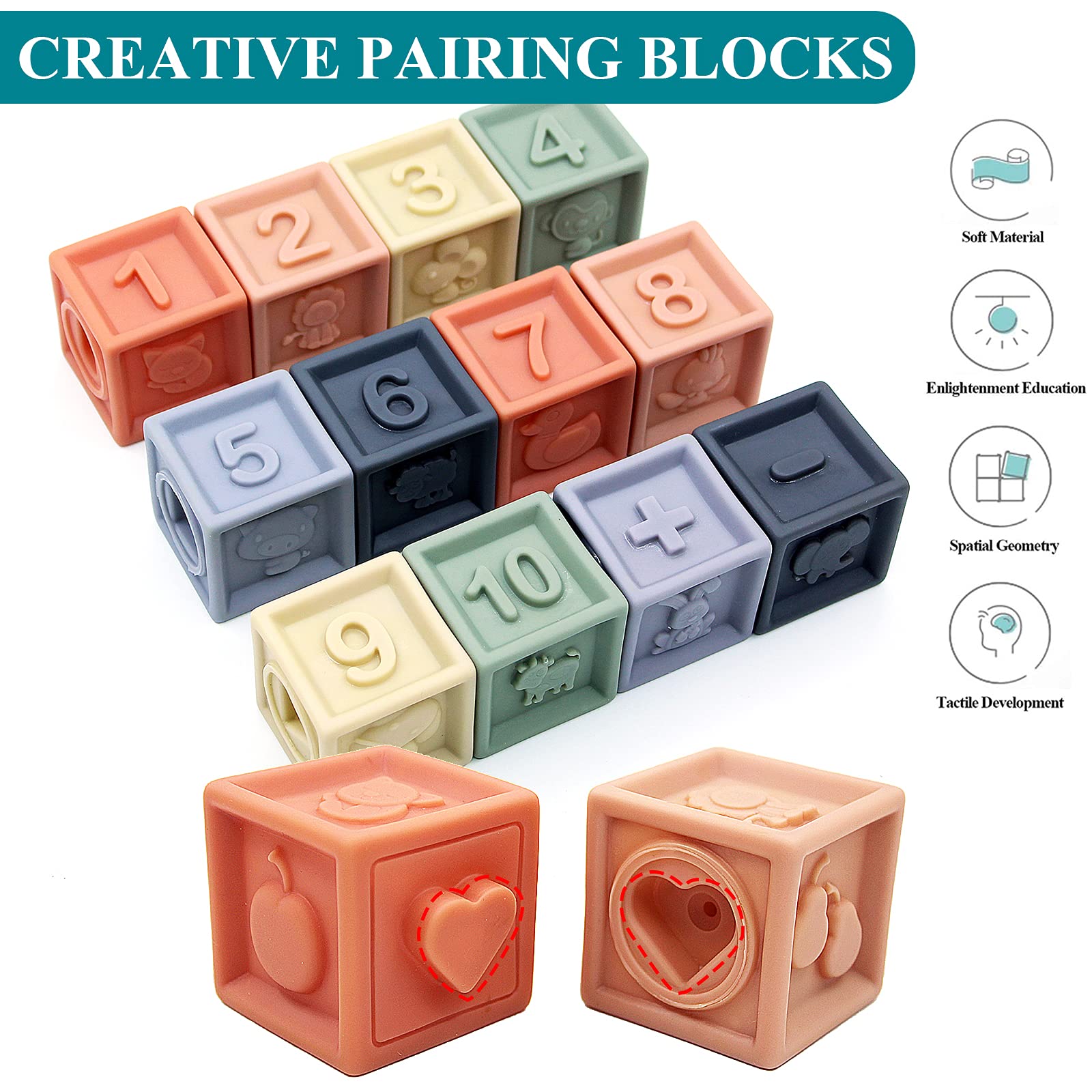 Kingtree Baby Blocks (Set of 12), Soft Silicone Building Blocks Squeeze Stacking Toys for 6+ Months Babies, Colorful Early Educational Puzzle Toy for Toddlers with Numbers Animals Shapes Textures