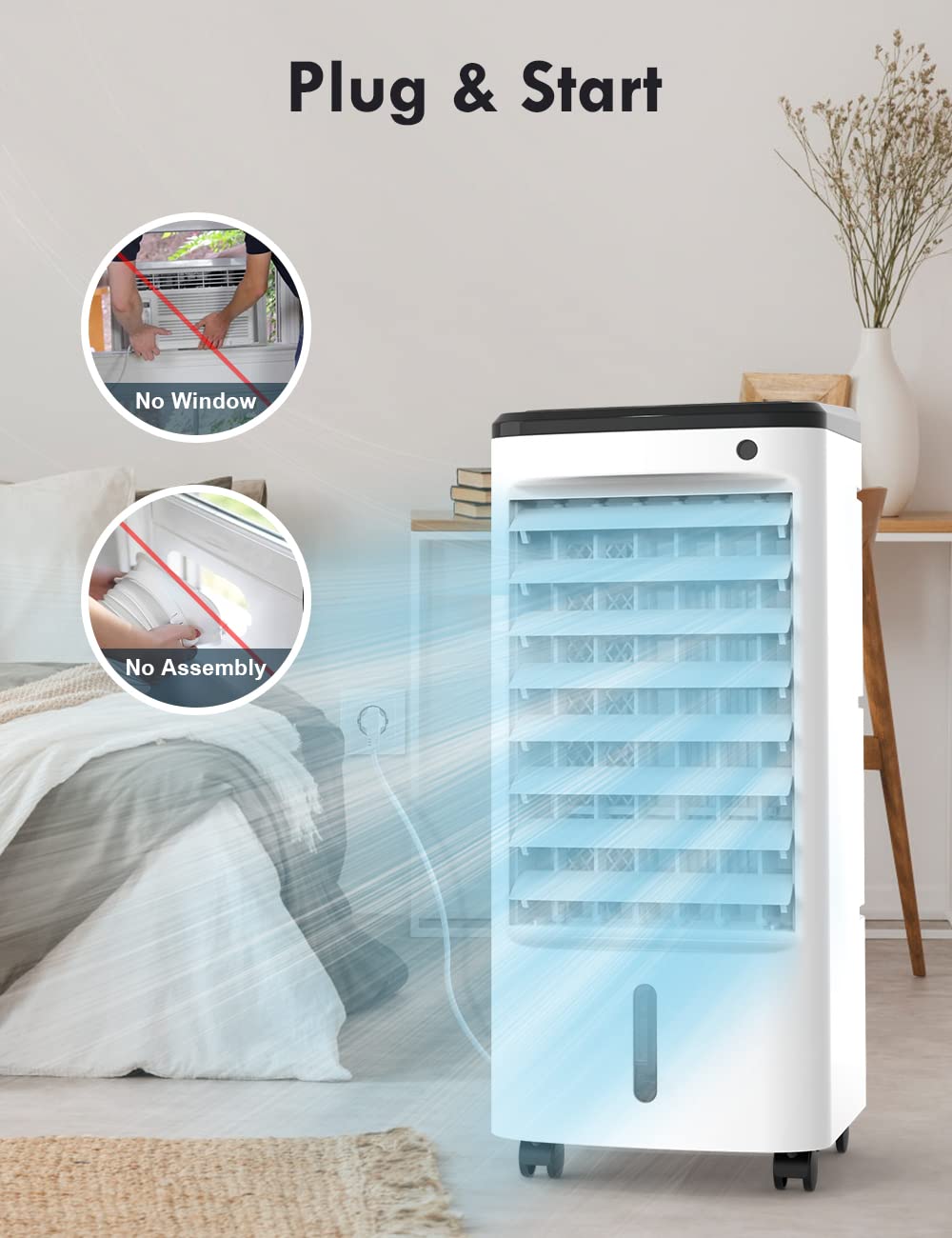 BREEZEWELL 3-IN-1 Evaporative Air Cooler, Portable Air Conditioner Fan/Humidifier with Ice Box, 12H Timer&Remote Control,Ultra-quiet,65° Oscillating Personal Evaporative Cooler for Room Home&Office