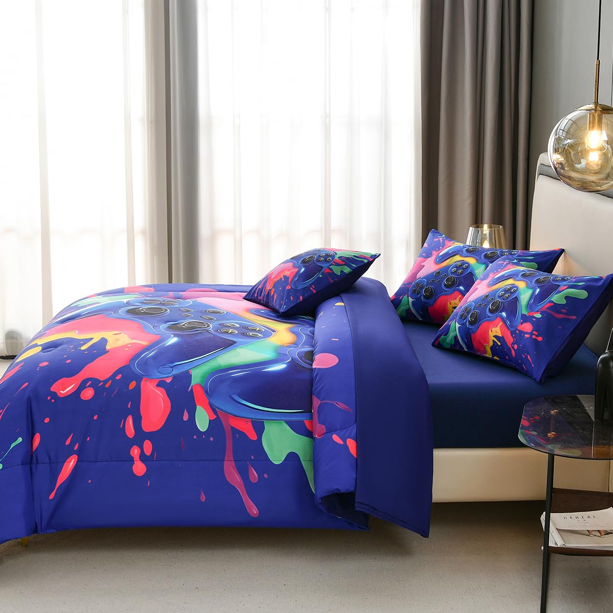Tasselily Game Console Full Comforter Set with Sheets, Microfiber 6 Pcs Bed in A Bag Full Size Gamer Bedding Set for Boys Kids Teens