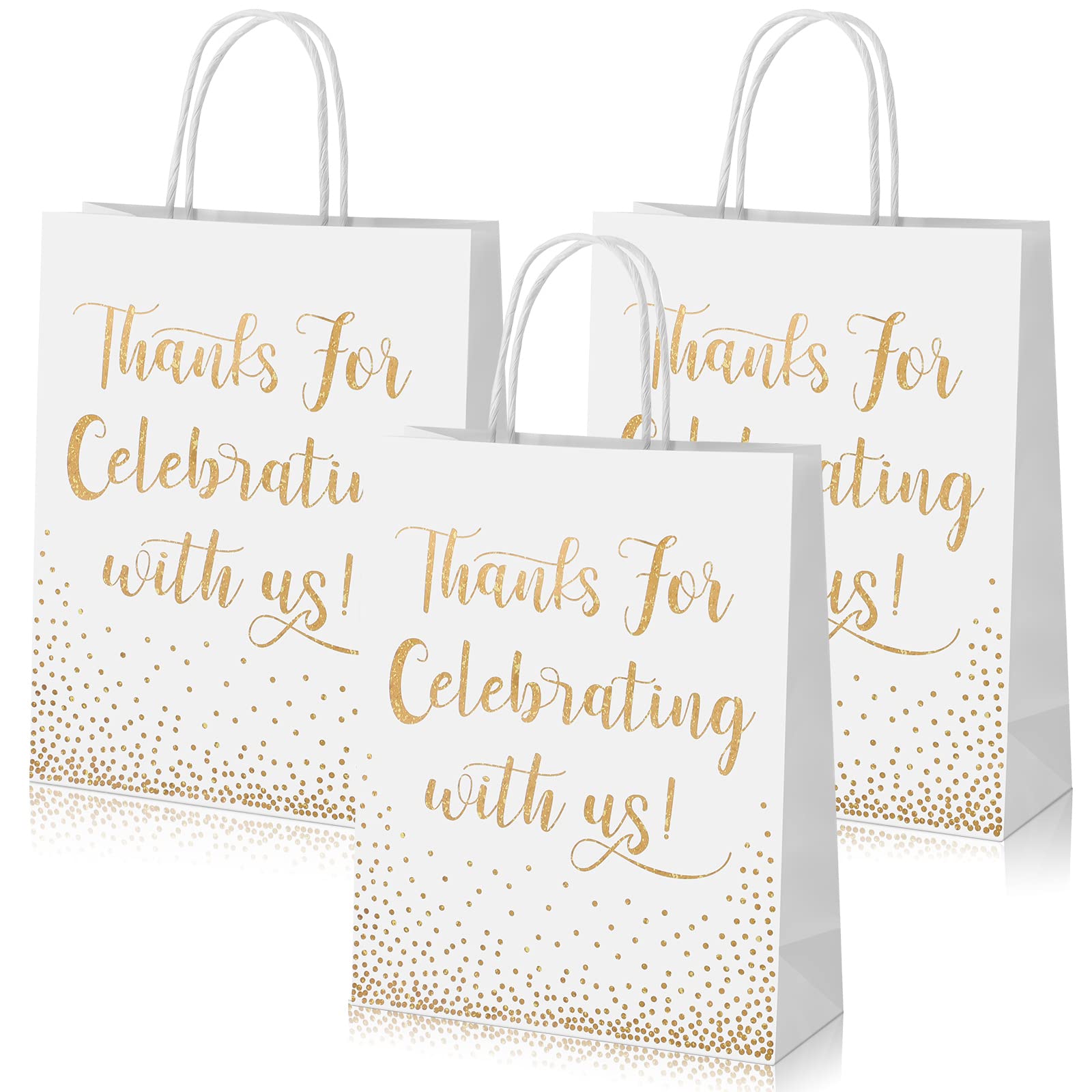 Chinco 30 Pcs Wedding Welcome Gift Bags Hotel Guests Thanks for Celebrating with Us Gold Paper Gift Bag Medium Size Foil with Handle for Bridal Shower Party Favor(White, 10 x 8 x 3 Inch)