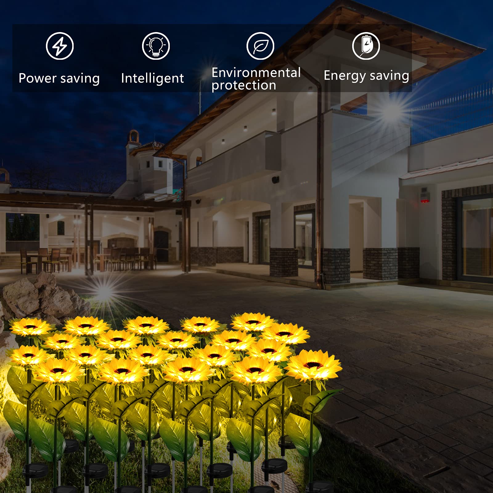 GRUTTI 2-Pack 20 LED Outdoor Solar Sunflower Lights, IP65 Waterproof Decorative Lights Solar Powered Garden Lights for Garden Patio Porc Backyard Pathway