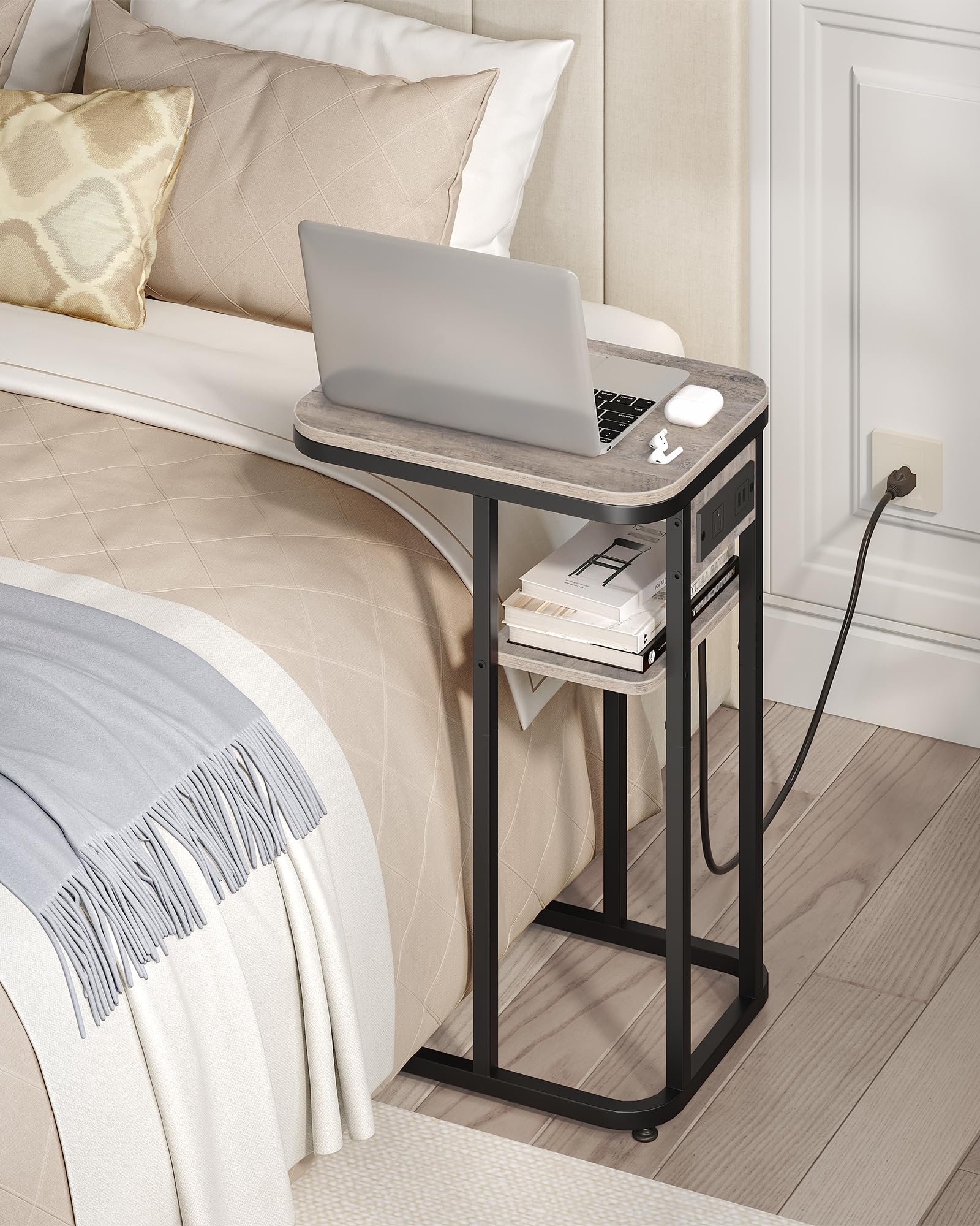 CHOEZON C-Shaped Side Table, Small End Table with Charging Station, Sofa Side Table for Couch with Outlet and USB Ports, for Small Spaces, for Bedroom, Living Room, Greige and Black TSF02UBH
