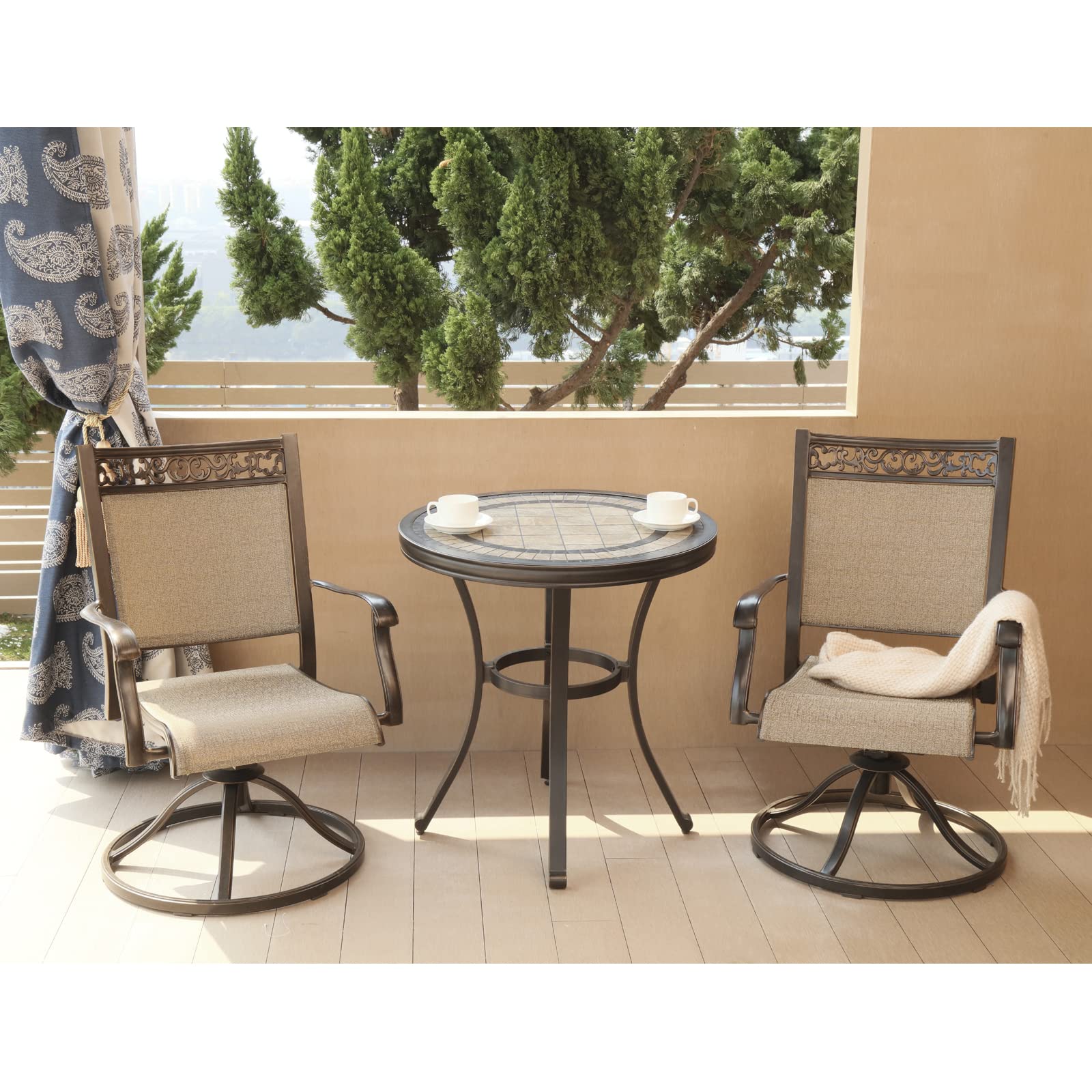 DALI 3 Piece Bistro Set, Handmade Contemporary Round Table Swivel Rocker Chairs Garden Backyard Outdoor Patio Furniture