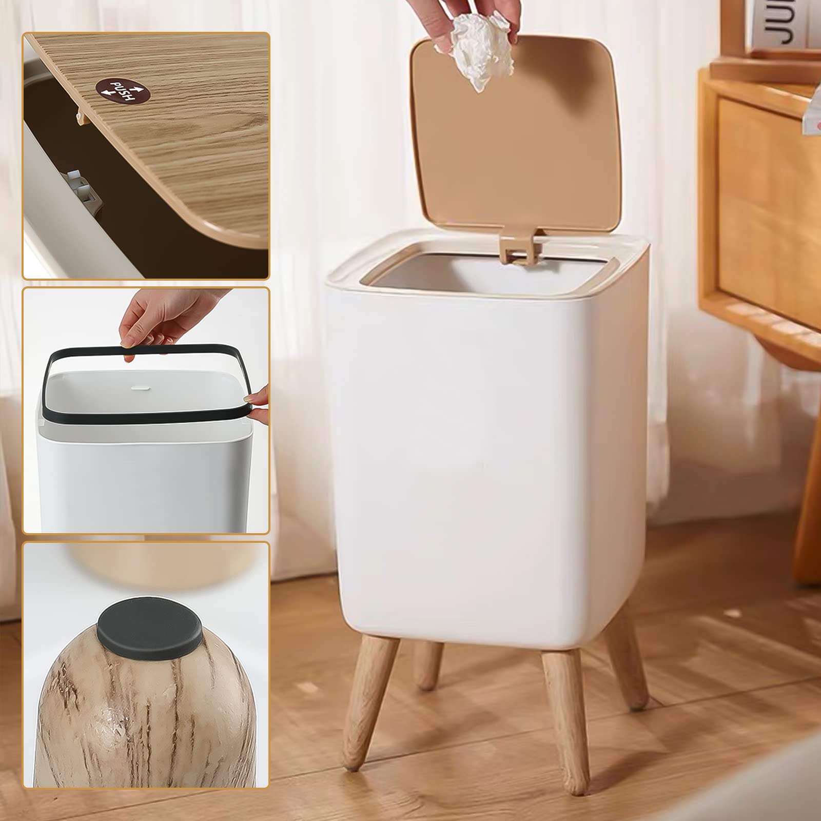 Bedroom Trash Can with Lid,Waste Basket for Bathroom,Kitchen Garbage Can with Push Button, Small Trash Bin,Plastic Rubbish Bin for Office, Living Room, 2.6 Gallon&0.5 Gallon (2 Pieces)