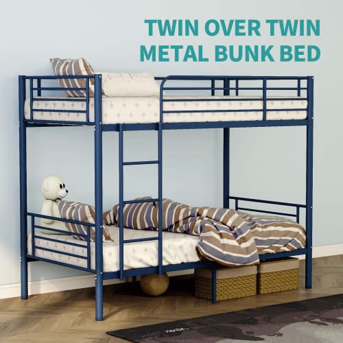 Alohappy Bunk Bed Twin Over Twin,Heavy Duty Metal Twin Bunk Beds Frame with Removable Ladder,No Box Spring Needed,Space-Saving,Easy to Climb,Urban Industrial Style(Dark Blue)