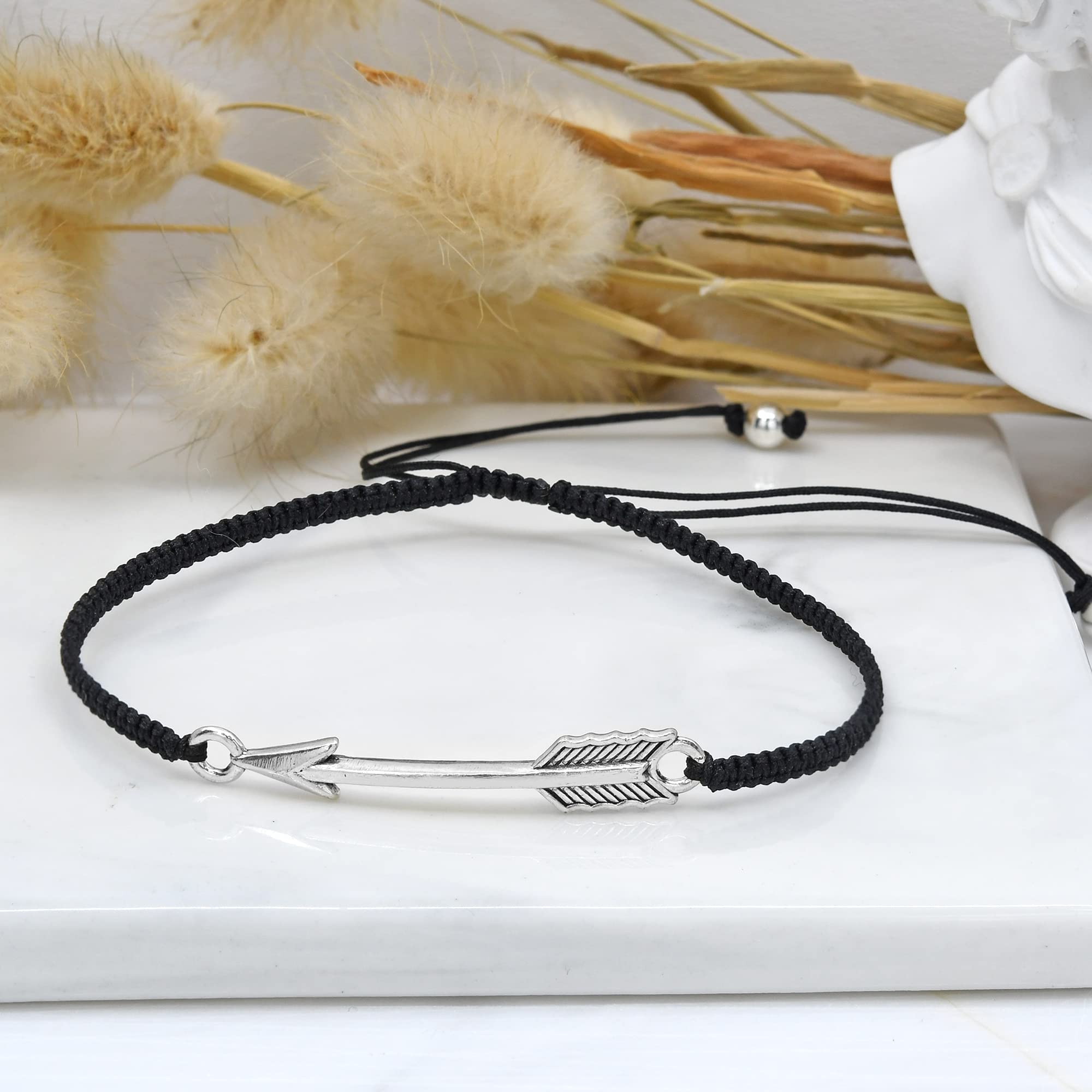 AeraVida Valiant Forged Arrow .925 Sterling Silver Charm on Cotton Rope Adjustable Wrist Pull Bracelet | Cotton Rope Bracelet for Women | Adjustable Silver Arrow Rope Bracelet