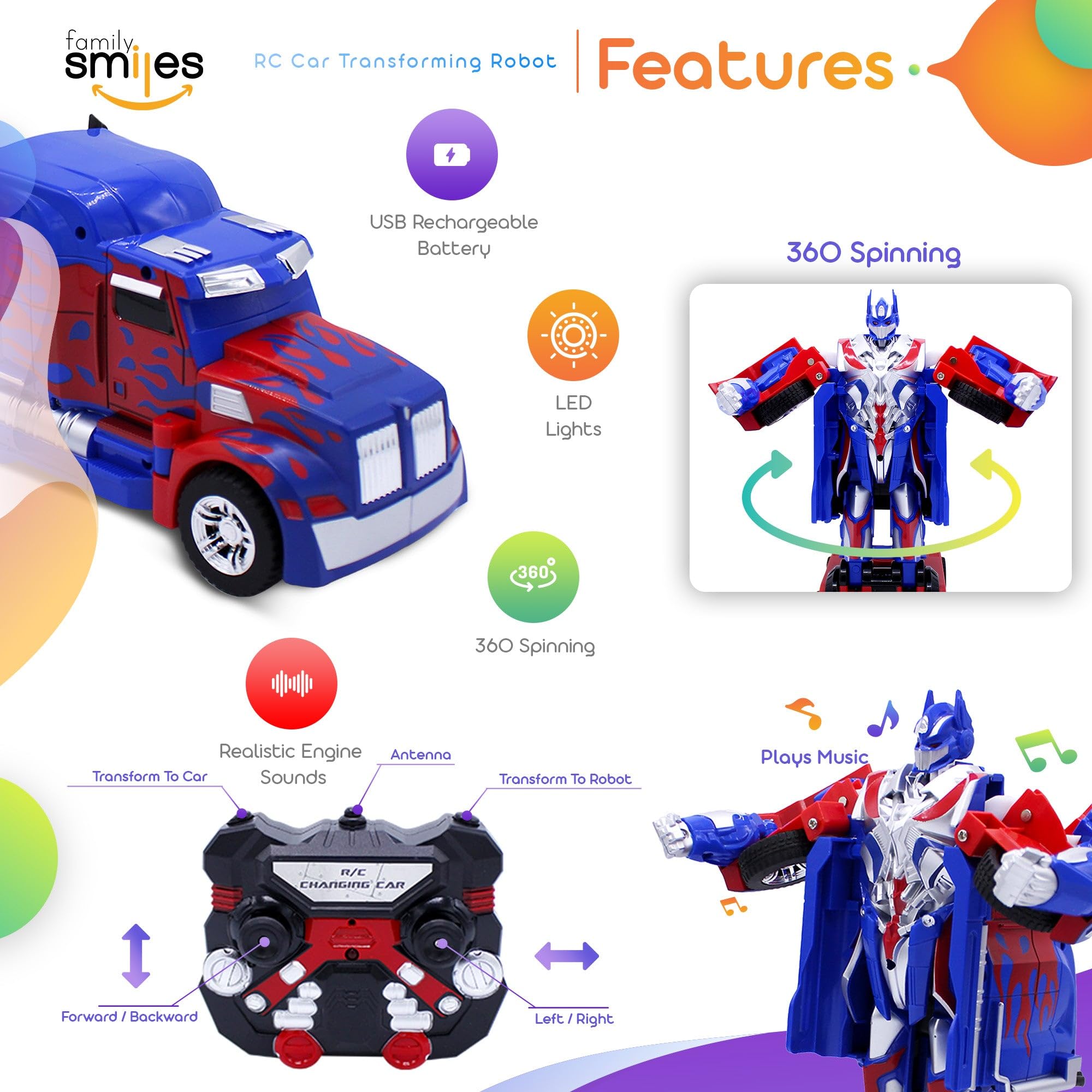 Family Smiles Kids Transforming Robot RC Truck Toys for Boys 8-13 Remote Control Car Gift Blue