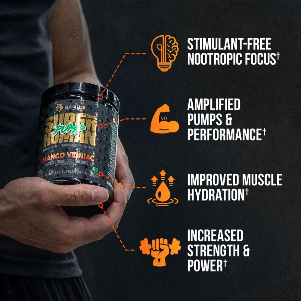 ALPHA LION Superhuman Pump Pre Workout Powder, Nootropic Caffeine & Stim Free Preworkout Supplement, Nitric Oxide Booster, Muscle Gainer, Energy & Focus (42 Servings, Mango Veiniac Flavor)