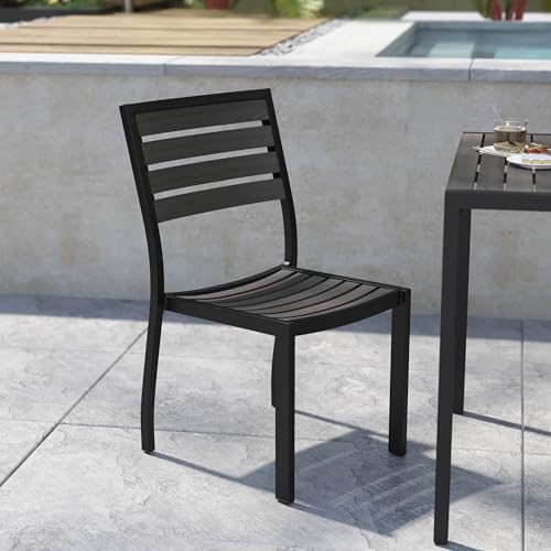 Flash Furniture Lark Outdoor Stackable Side Chair with Gray Wash Faux Teak Poly Slats, Set of 2