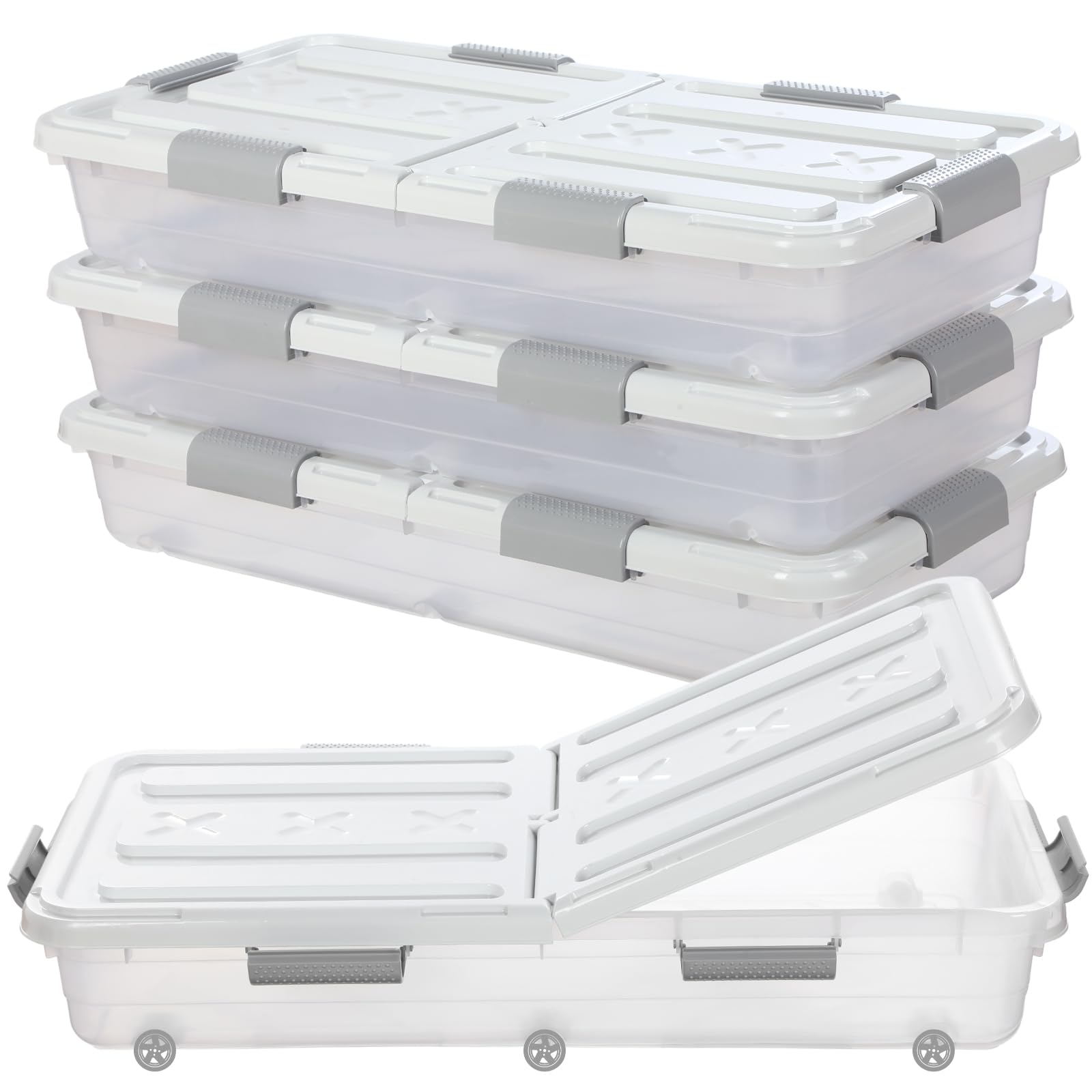 Beeveer 4 Pcs Plastic Under Bed Storage Containers with Double Opening Lids Wheel Handle, Transparent Large Capacity Stackable Latching Storage Bins for Closet Bedroom, 31.5 x 15.8 x 5.2 Inch(White)