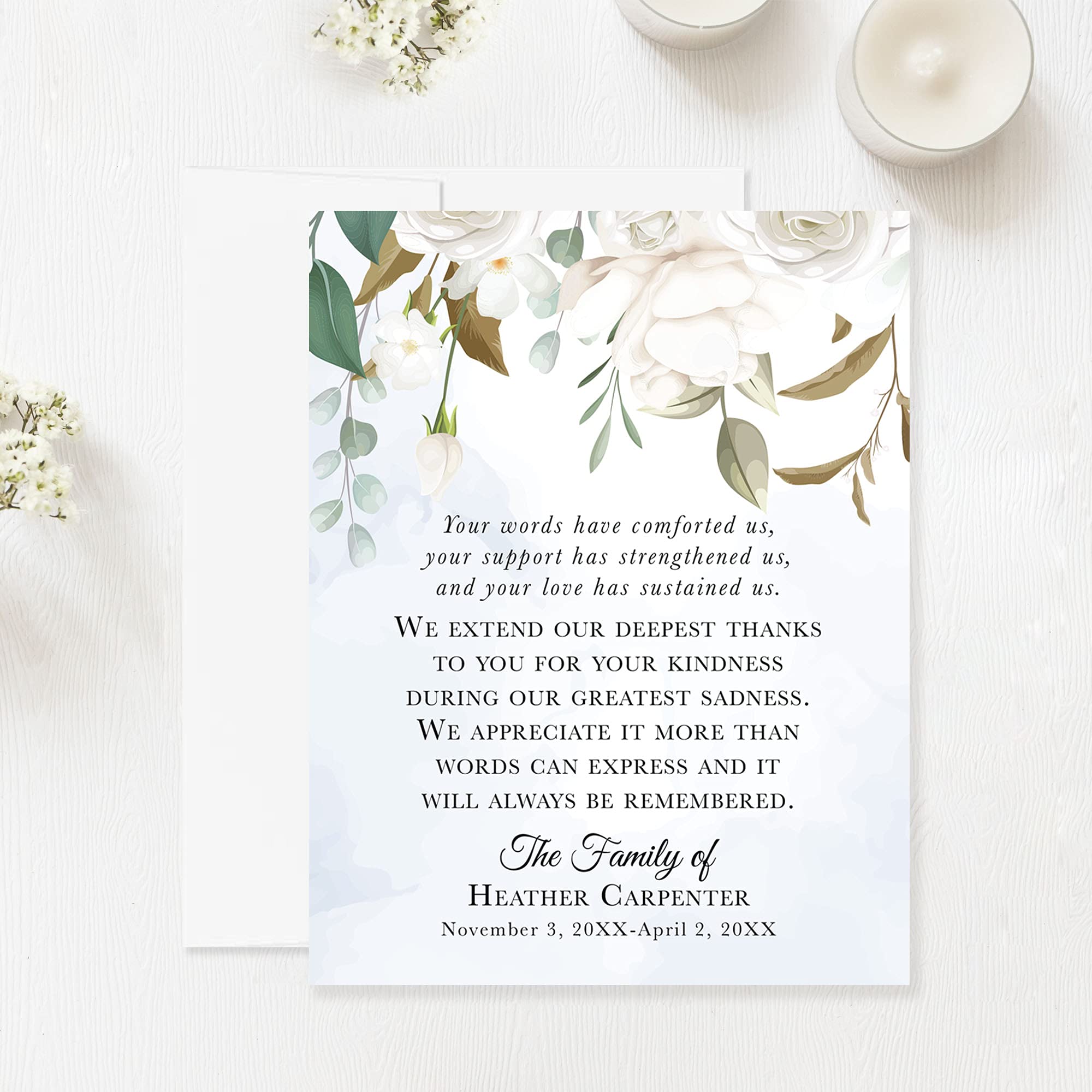 Hello Love Goods White Floral and Greenery Funeral Thank You Cards, Sympathy Acknowledgement Cards, 4.25x5.5 Flat Bereavement Notes with Envelopes
