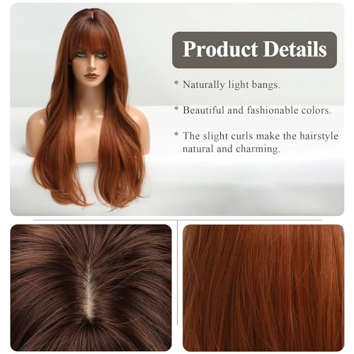BAACHE Auburn Wig with Bangs Long Curly Wavy Wigs for Women Synthetic Ginger Wig for Daily/Party Cosplay