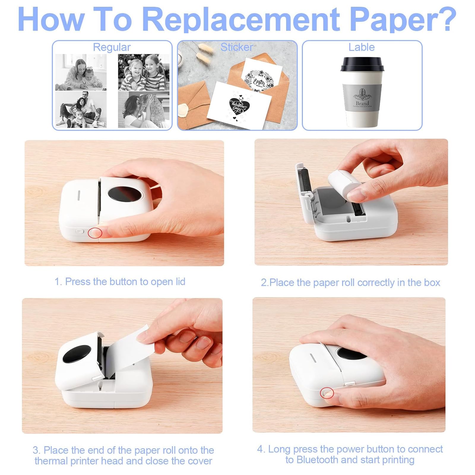 TVAIGER Mini Pocket Bluetooth Printer, Portable Thermal Sticker Printer with 13 Rolls Printing Paper for Journal, DIY Scrapbook, Travel, Notes, Memo, Receipt Printer for Kids Women Gifts (Black White)