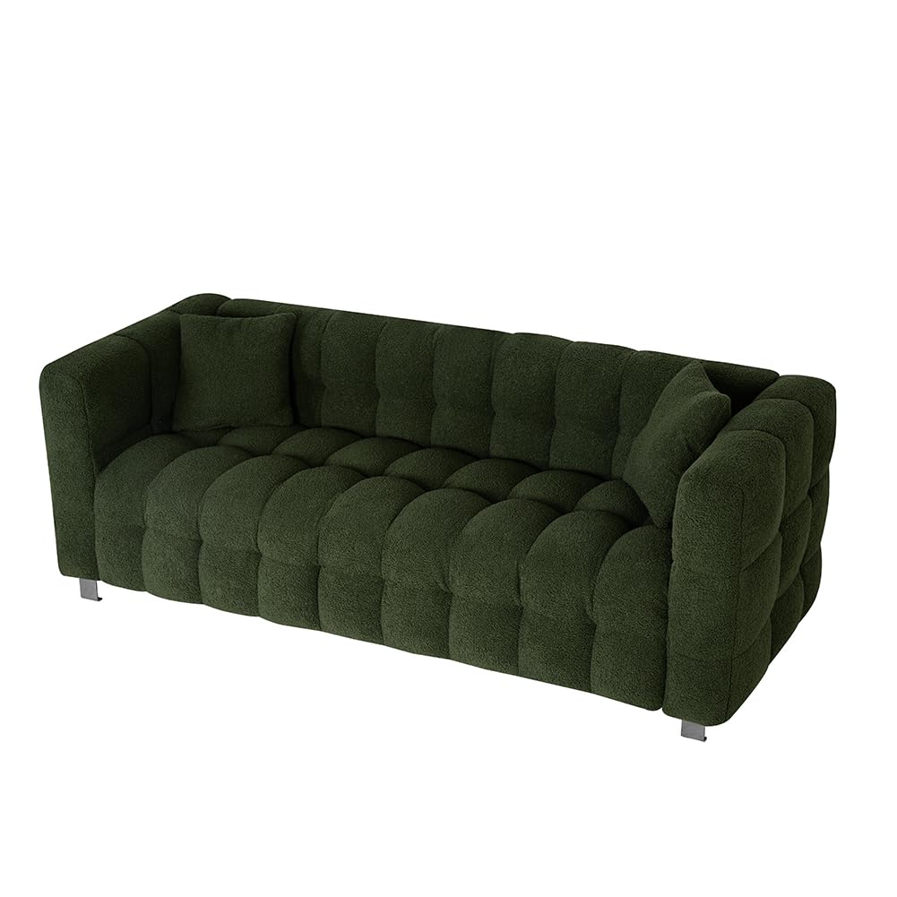 BSYEIO Modern Sofa Couch with Metal Legs Upholstered Tufted 3 Seater Couch with 2 Pillows Comfy Boucle Couch for Living Room, Bedroom, Office, 80 Inch Wide (Green-Teddy)