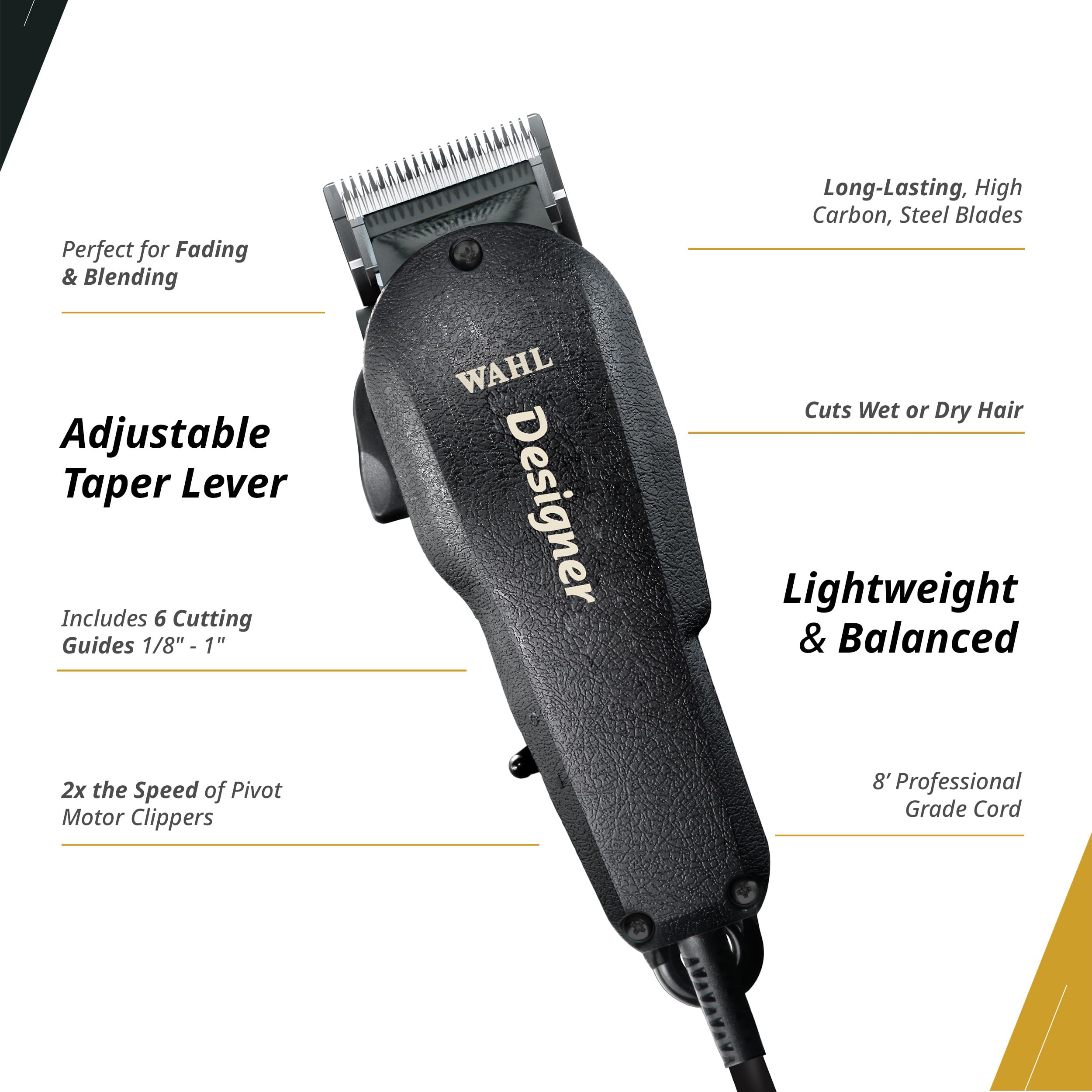 Wahl Professional Designer Corded Clipper Vibratory Motor Adjustable Taper Lever Cuts Wet or Dry