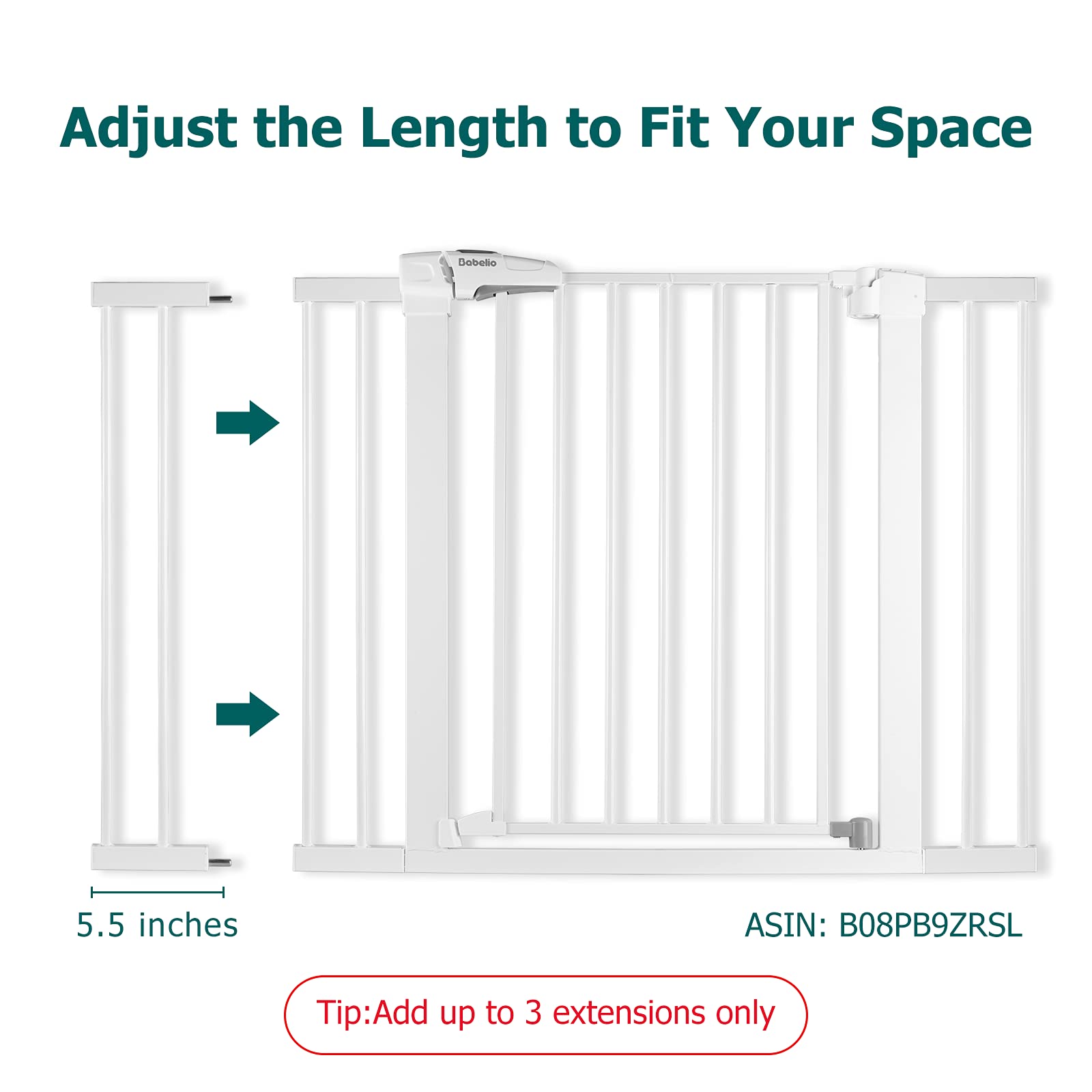 BABELIO 26-34.5 Inch Easy Install Narrow Pressure Mounted Metal Baby Gate, No Drilling, No Tools Required, with Wall Protectors and Extenders (White)