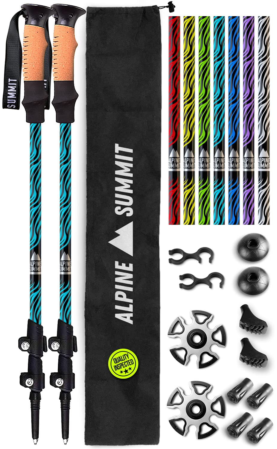 Alpine Summit Trekking Poles - 2-pc Pack Adjustable Hiking or Walking Sticks - Strong, Lightweight Aluminum 7075 - Quick Adjust Flip-Lock - Cork Grip, Padded Strap