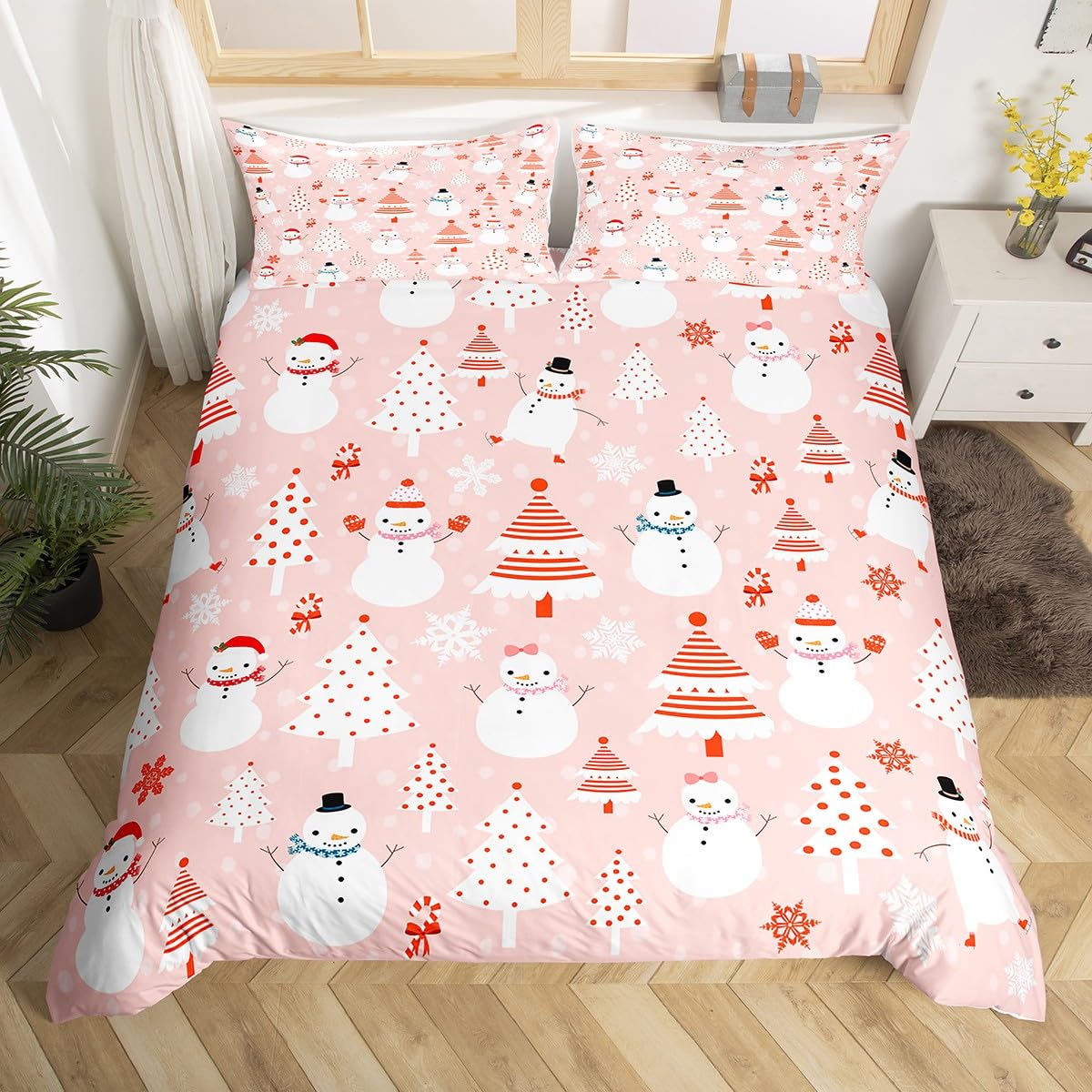 Christmas Kids Bedding Set Cartoon Snowman Bedding Duvet Cover Set for Boys Girls Christmas Tree Decor Comforter Cover Set Pink Dots Xmas Theme Bedspread Cover Bedroom Quilt Cover 2Pcs Twin Size
