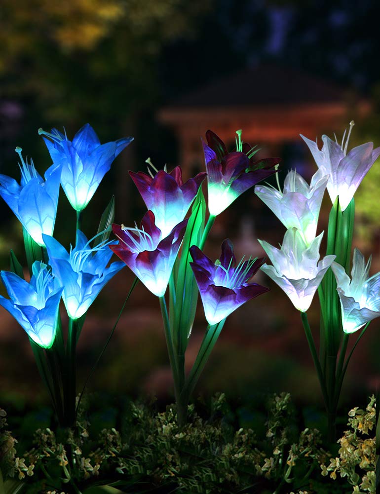 Bright Zeal 3 Bundle 12 Lily LED Fairy Solar Garden Light with Color Changing Flower Lights - Multi Color Solar Lights Outdoor Garden LED Flower Waterproof - Solar LED Metal Flower Stake Lights