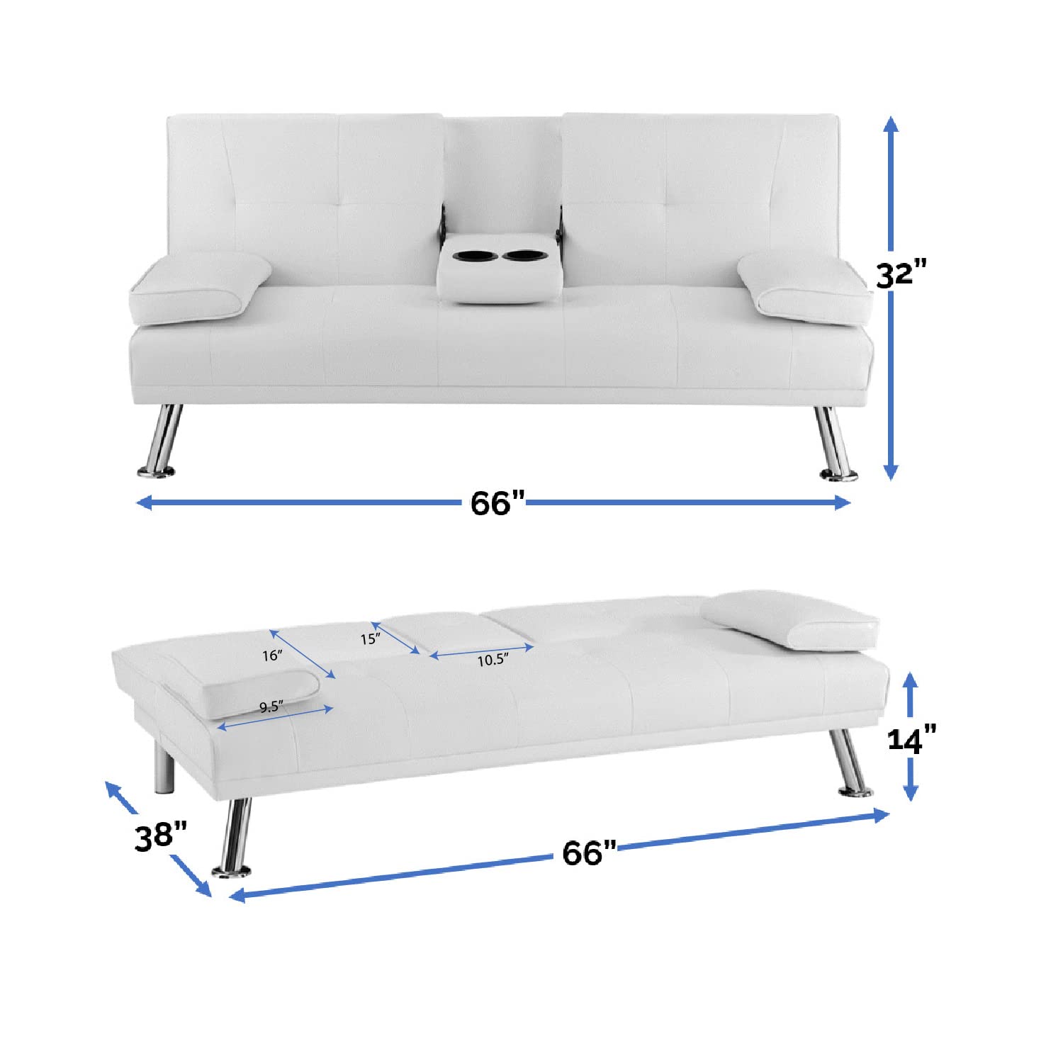 Naomi Home White Faux Leather Futon Sofa Bed, 3-Position Reclining Small Couch with Armrest, 2 Cupholders, 500 lbs Weight Capacity, Living Room