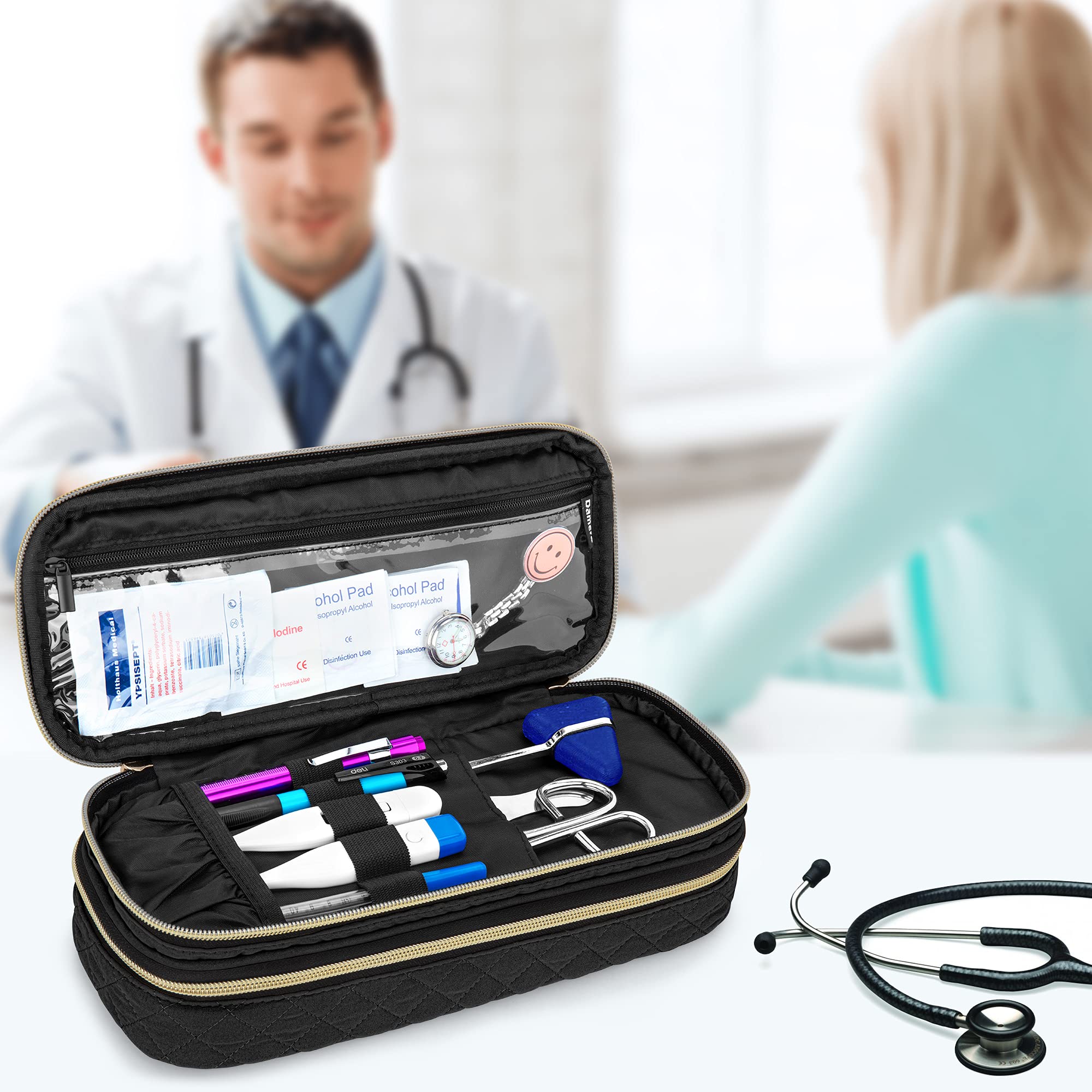 Damero Double Layer Stethoscope Case Compatible with 3M Littmann/ADC/Omron Stethoscope, Stethoscope Carrying Case Travel Bag for Nurse Accessories, Black