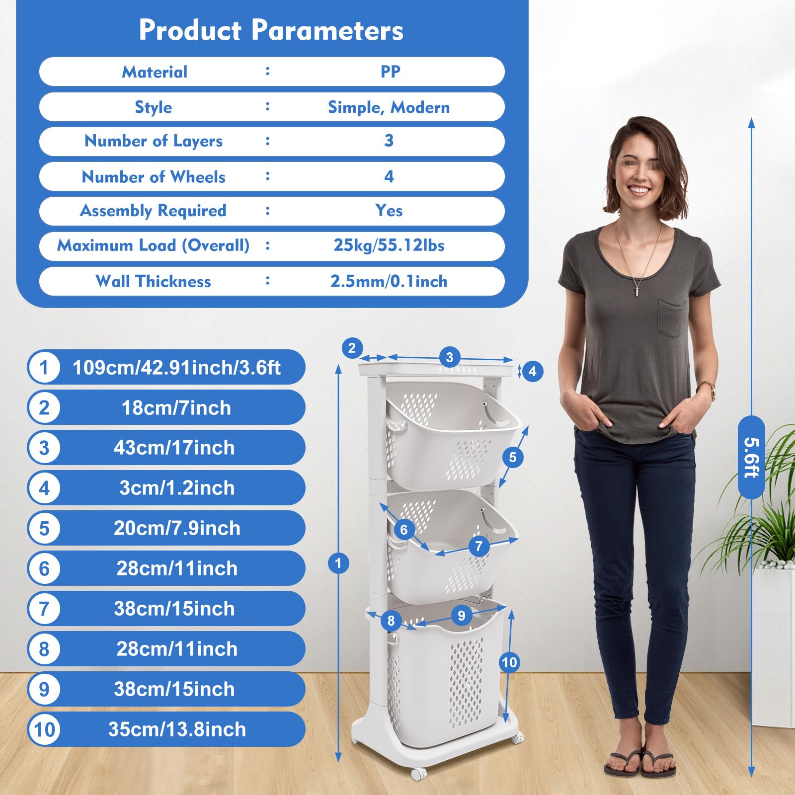 KONKENIE 3 Layers Laundry Hamper Basket Sorter Washing Hamper with 4 Wheels Rolling Clothes Bin Trolley Basket Clothes Storage Organizer 3 Tier Shelf Rolling Cart for Bathrooms Bedrooms White