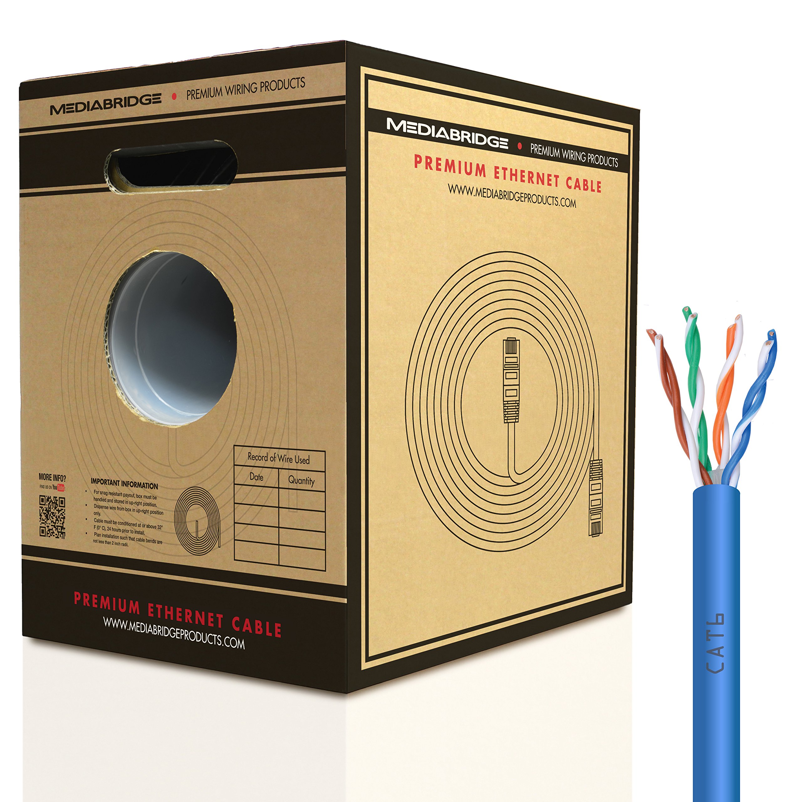 Mediabridge Pure Copper Cat6 Cable (500 Feet, Blue) - 10Gbps Ethernet, Solid, in-Wall Rated, w/Premium Snagless Pull-Out Box - (Part# C6-500-BLUE)