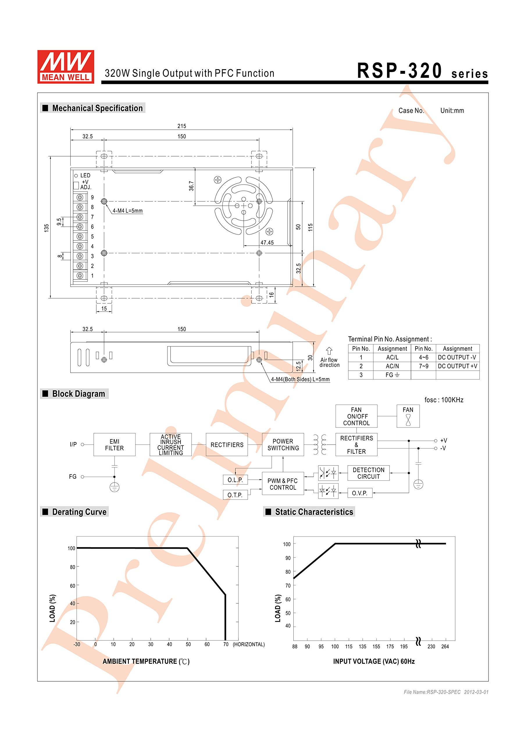 MW Mean Well RSP-320-24 24V 13.4A 321.6W Single Output with PFC Function Power Supply