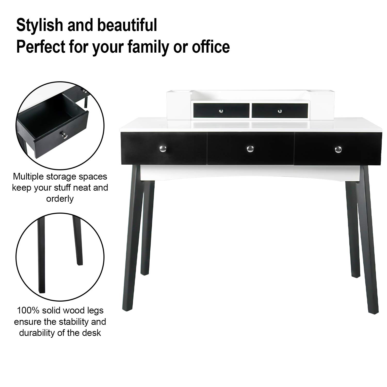 AILEEKISS Computer Desk with 5 Drawers Home Office Writing Desk for Bedroom Student Study Laptop Workstation Modern Simple Makeup Vanity Table for Small Space (Black and White)