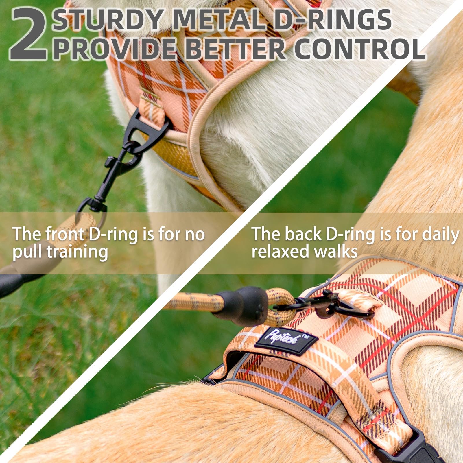 PUPTECK No Pull Dog Harness and Leash Set with Handle Reflective Adjustable Padded Vest Escape Proof for Small Medium Large Dogs Walking Training Hiking, Plaid Beige L