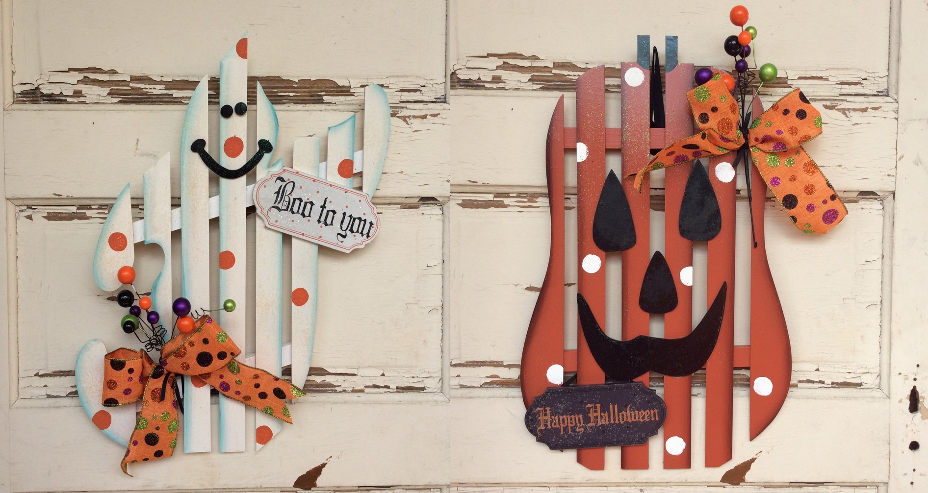 AGD Halloween Decor - Slat Wood Pumpkin and Ghost Double Door Wreaths