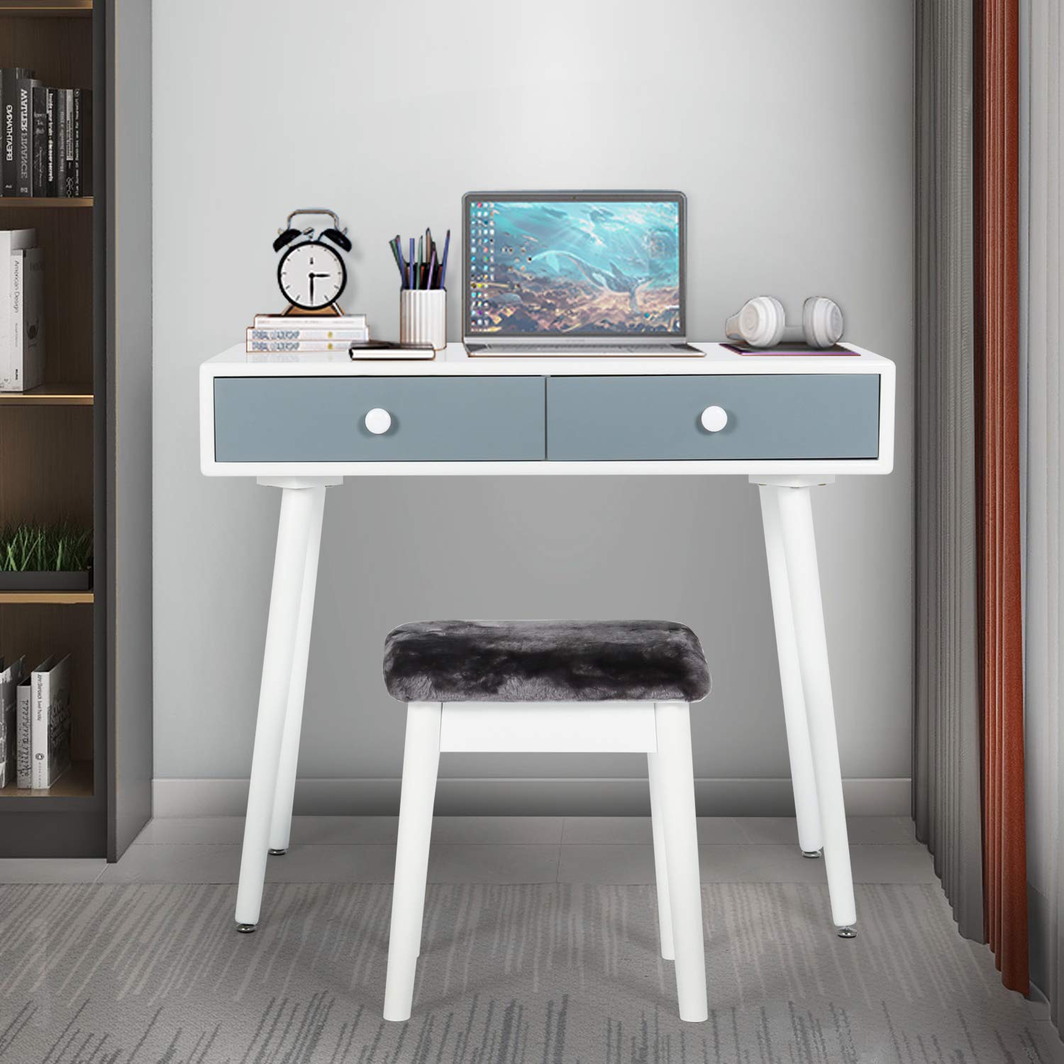 AILEEKISS Writing Computer Desk with 2 Storage Drawers Desk and Chair Set Student Study Reading Workstation Makeup Vanity Desks with Stool for Bedroom Home Office (White&Grey)