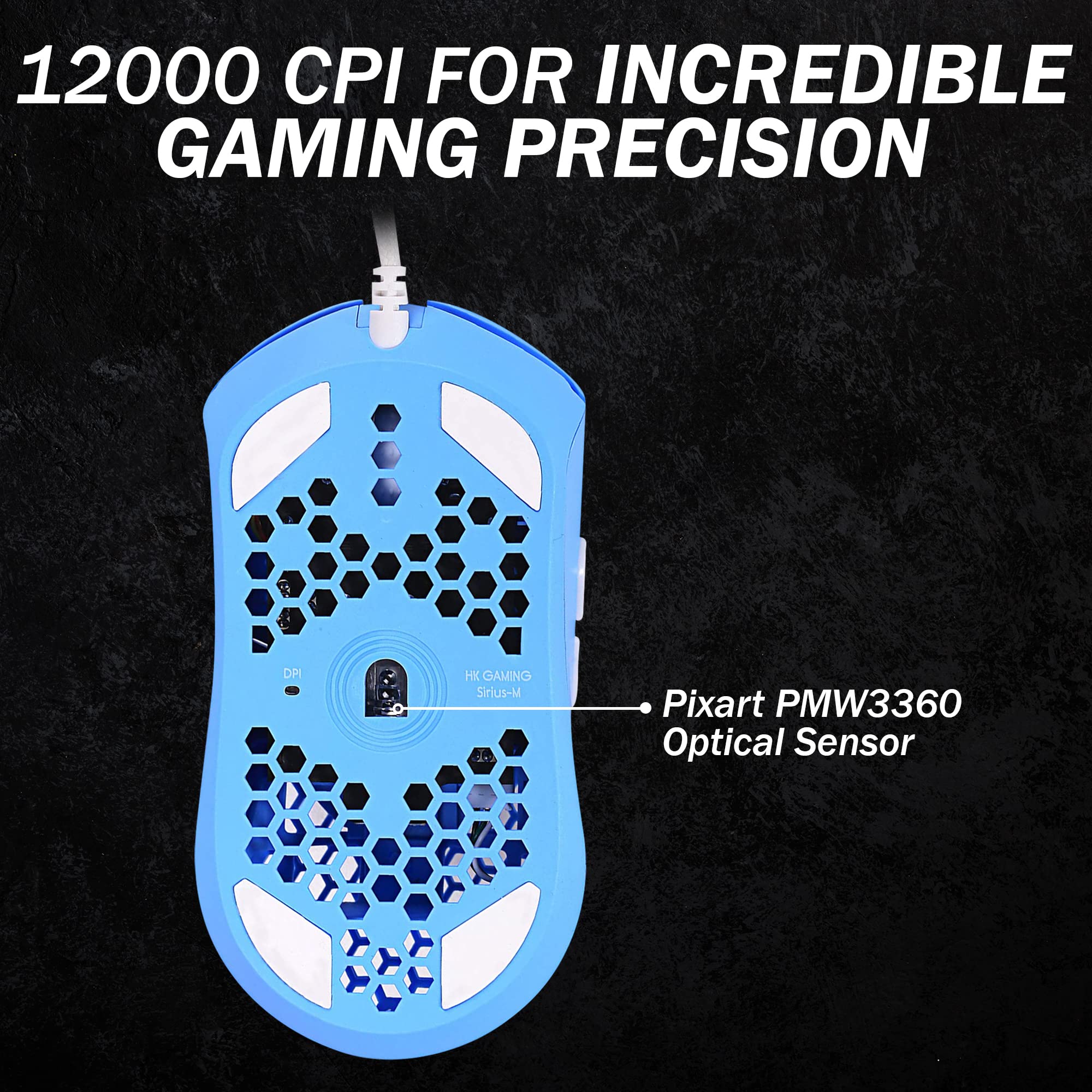 HK Gaming Sirius M Ultra Lightweight Honeycomb Shell Gaming Mouse | 54 Grams | 16000 cpi | USB Wired | 6 programmable Buttons | On-Board Memory | Anti Slip Grips | Sirius-M 16000cpi Horizon